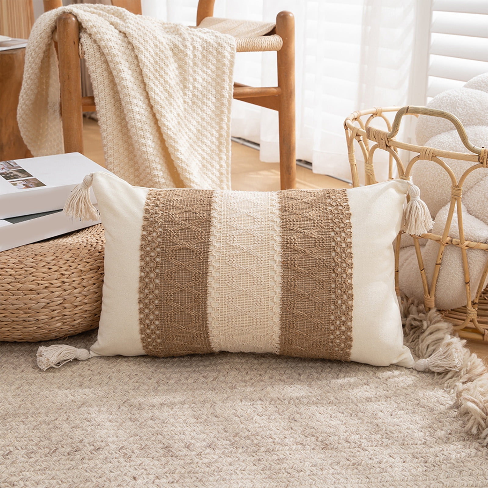 2 Pack Boho Lumbar Throw Pillow Cover 12x20 inch,Bohemian Tufted ...