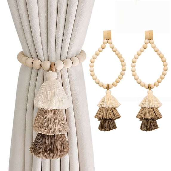 2 Pack Boho Wood Bead Curtain Tiebacks with Rainbow Tassel Handmade ...