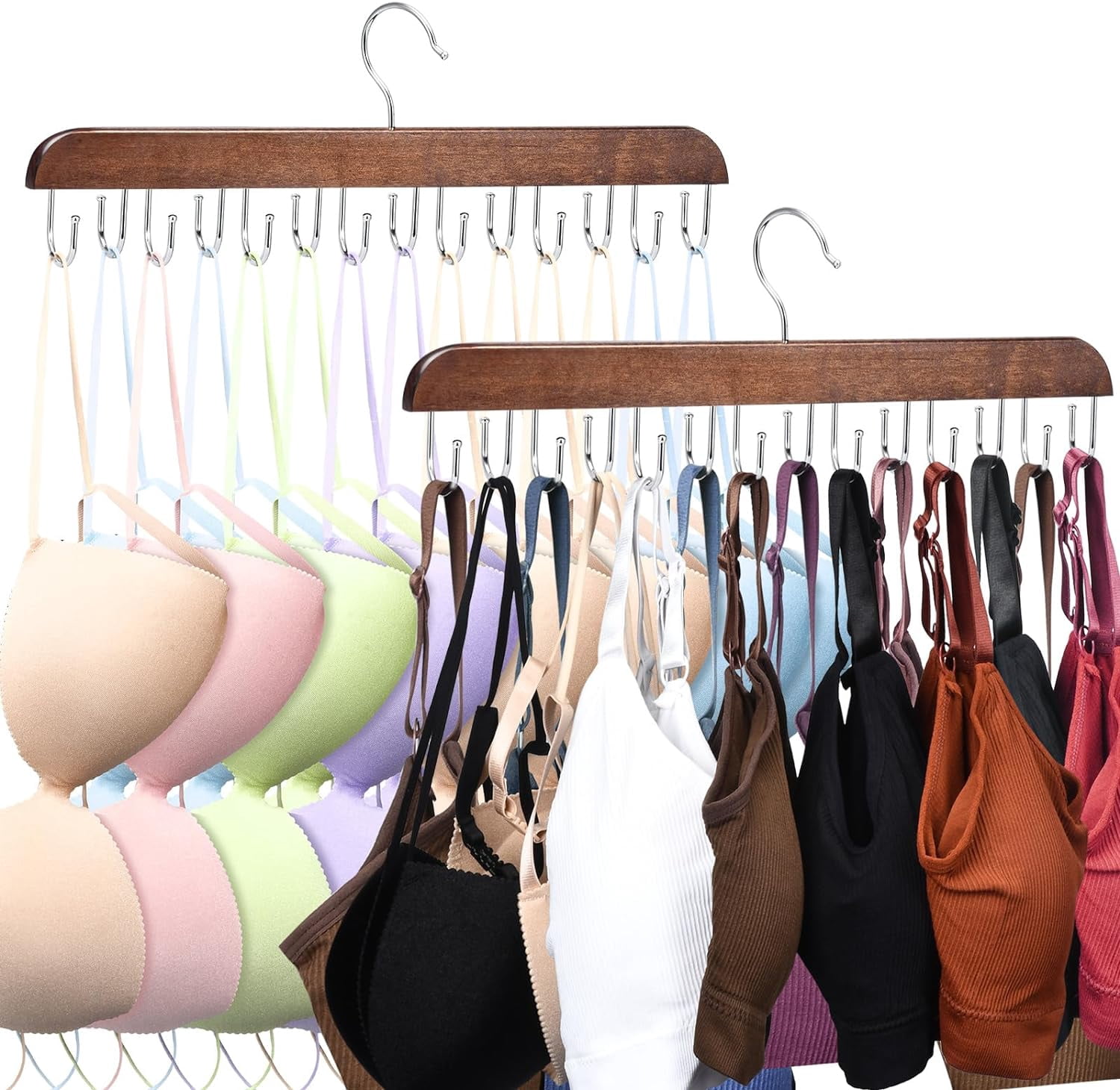 2 Pack Bra Hanger, Wooden Tank Top Hangers with 14 Foldable Hooks, Bra ...