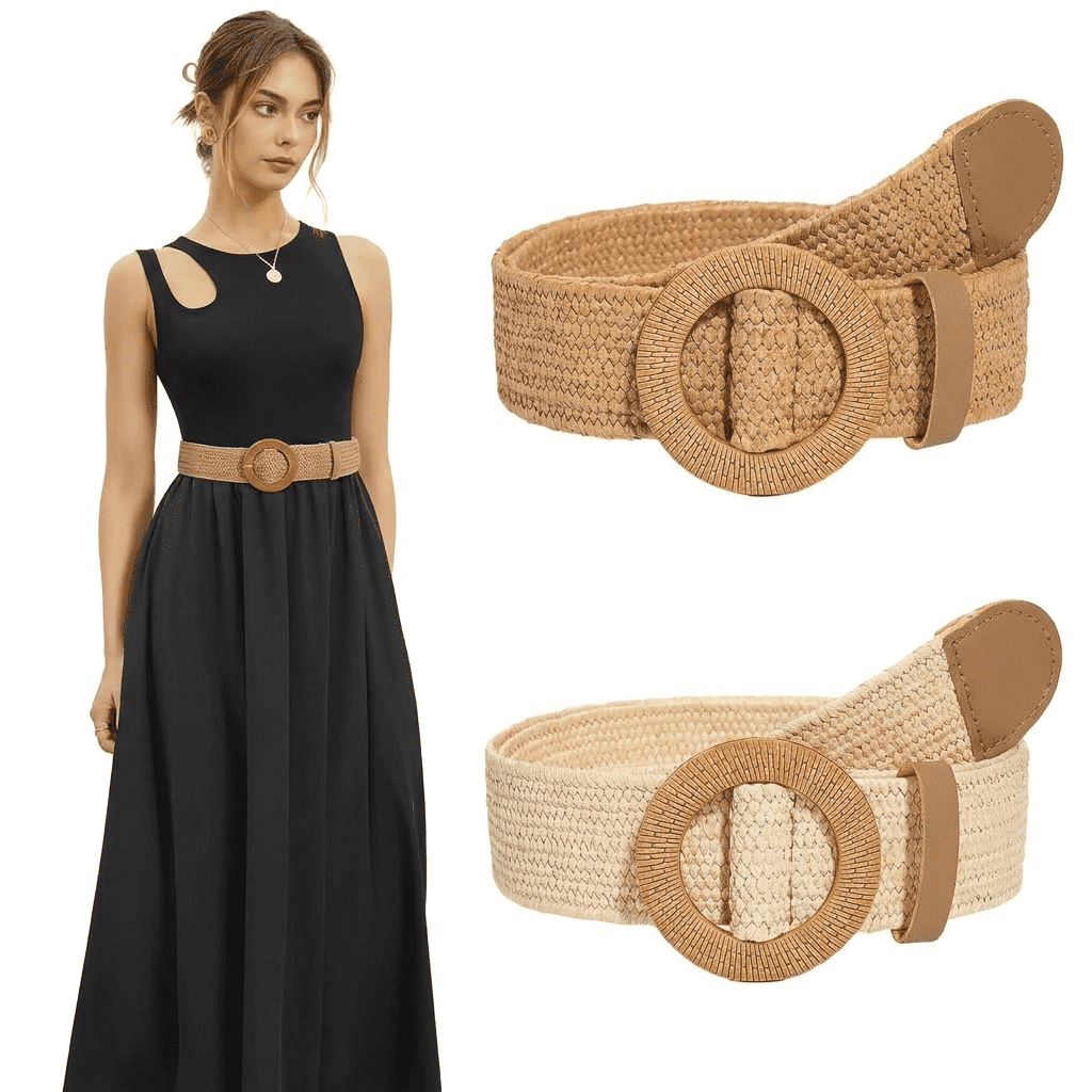 2 Pack Braided PP Woven Elastic Waist Belts for Women, Boho Style ...