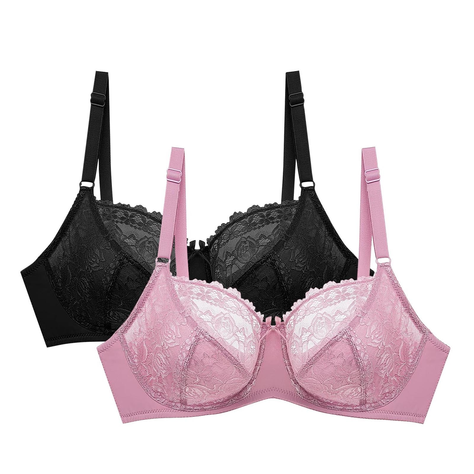 2 Pack Bras for Women Underwire Floral Lace Push Up Bra Adjustable Strap Full Coverage Minimizer ...
