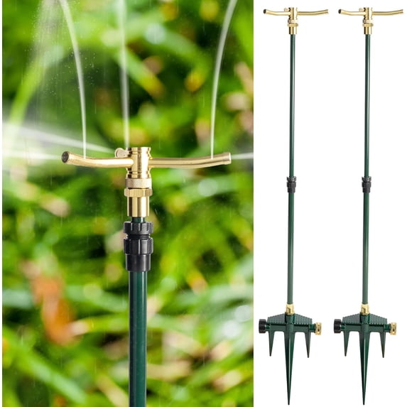2 Pack Brass Sprinklers for Yard, 3-Arm Rotating Telescoping Sprinkler ...
