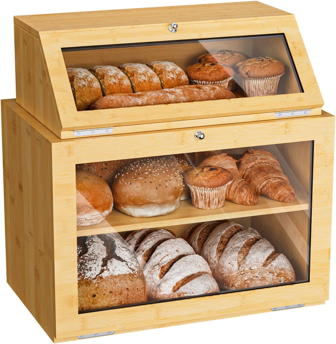 2 Pack Bread Box for Kitchen Counter, No Assembly Breadbox Double Layer ...