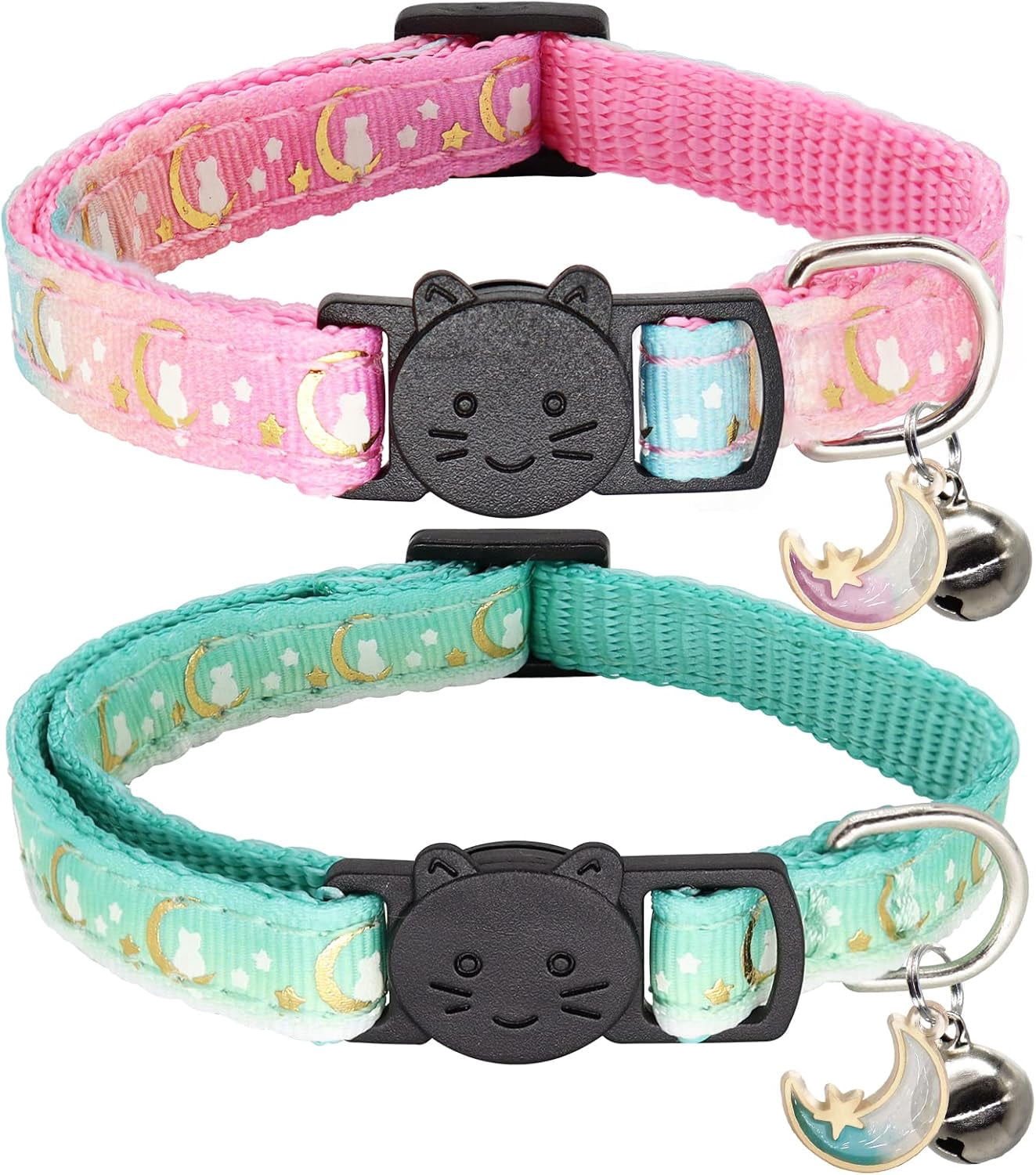 2 Pack Breakaway Cat Collar with Bells,Adjustable Moon and Star Kitten ...