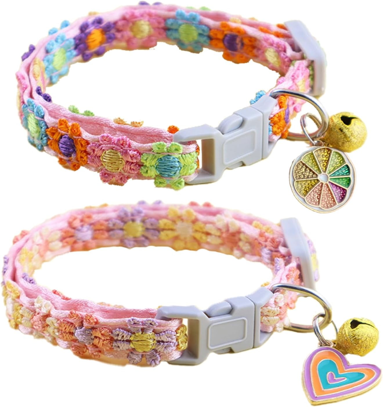 2 Pack Breakaway Cat Collars with Bell Heart Pendant Flowers Cute Kitty Kitten Collars ...
