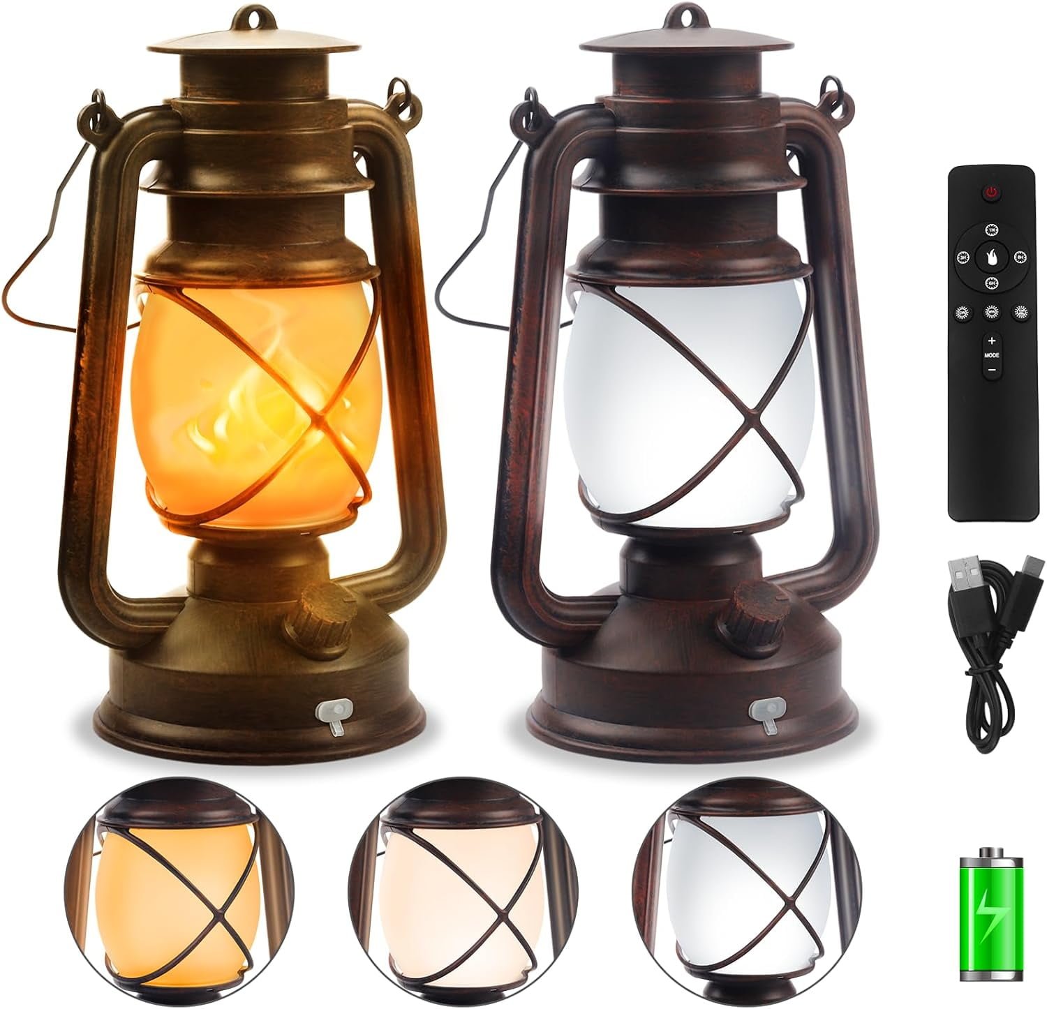 2 Pack Bronze Vintage 4 Modes Light LED Lanterns，Rechargeable Dancing ...