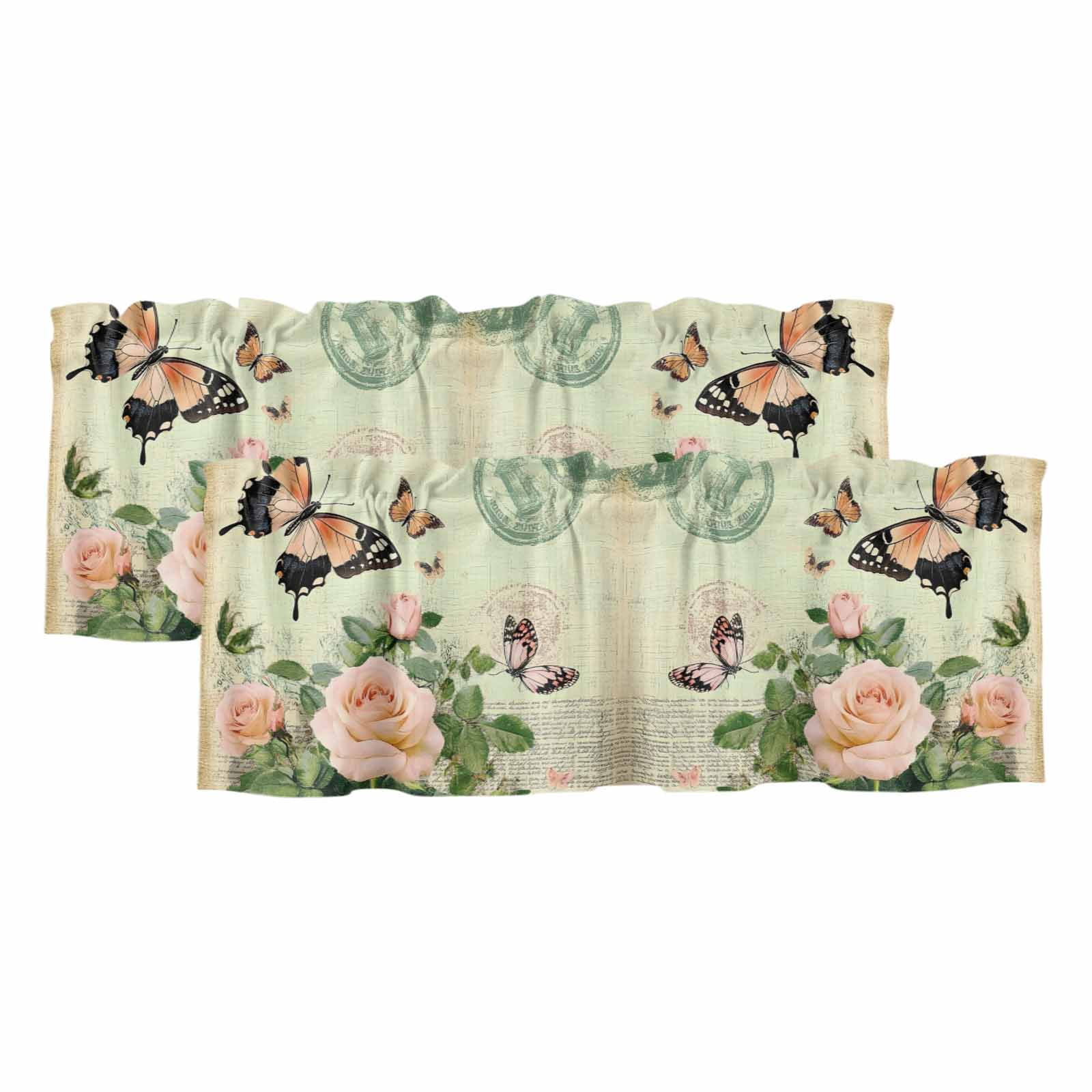 2 Pack Butterfly Rose Valance for Window Vintage Old Newspaper Kitchen ...