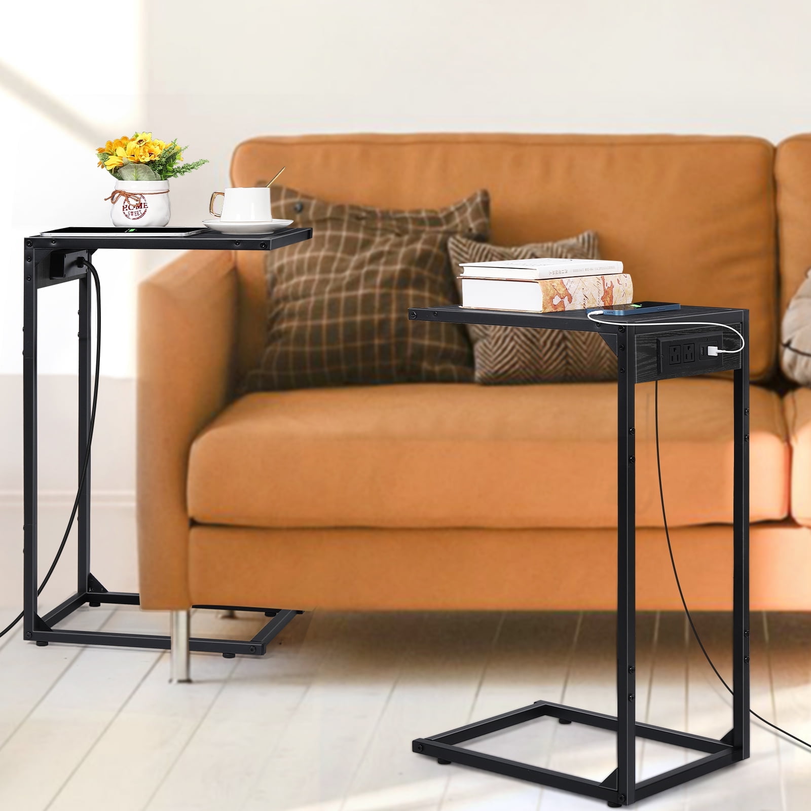 2-Pack C-Shaped End Tables with Charging Station – Sofa Side Table with ...