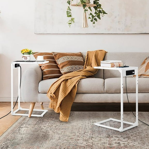 C-Shaped Round End Table with Charging Station - Slide Under Sofa TV ...