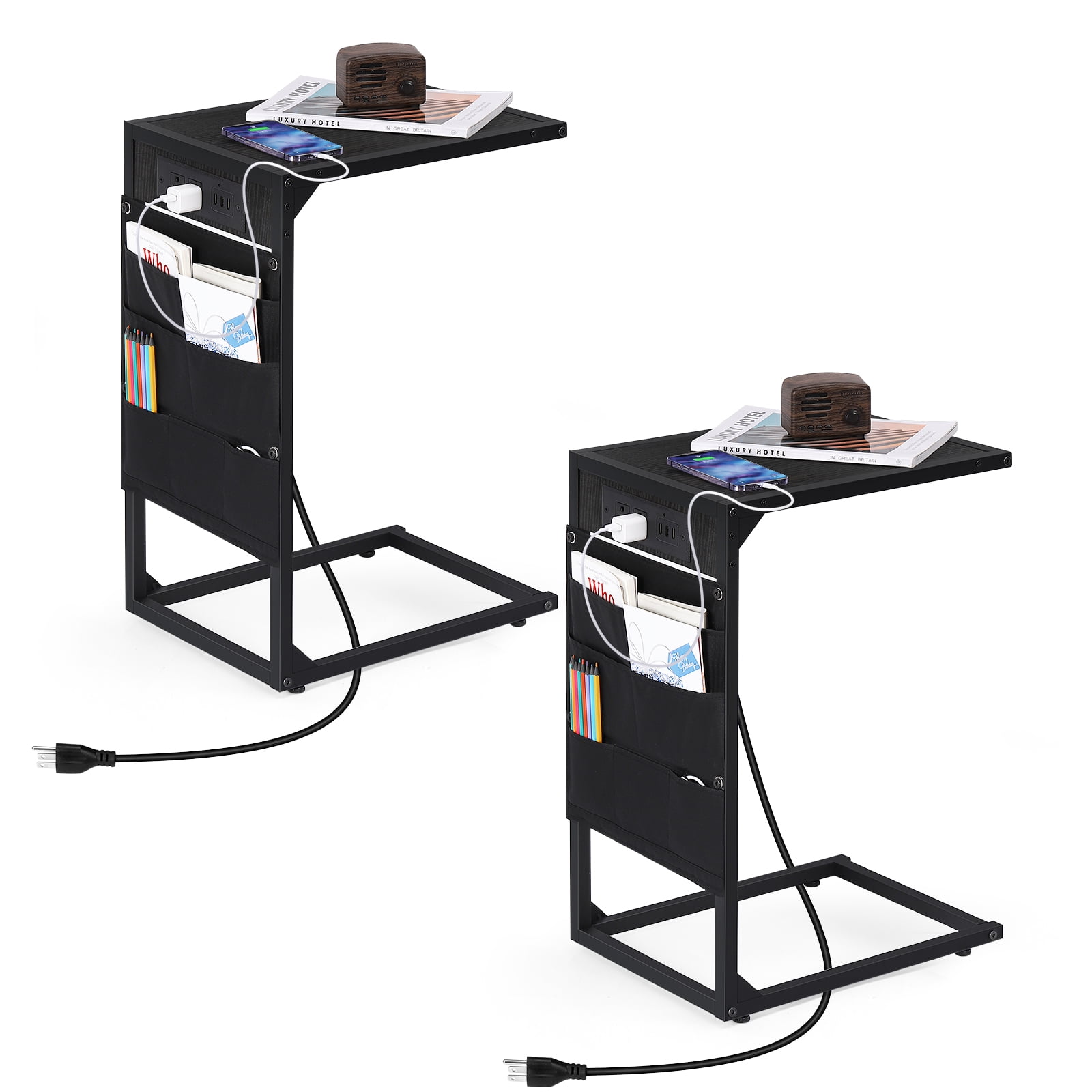 2-Pack C-Shaped End Tables with Charging Station & Storage – Couch Side ...