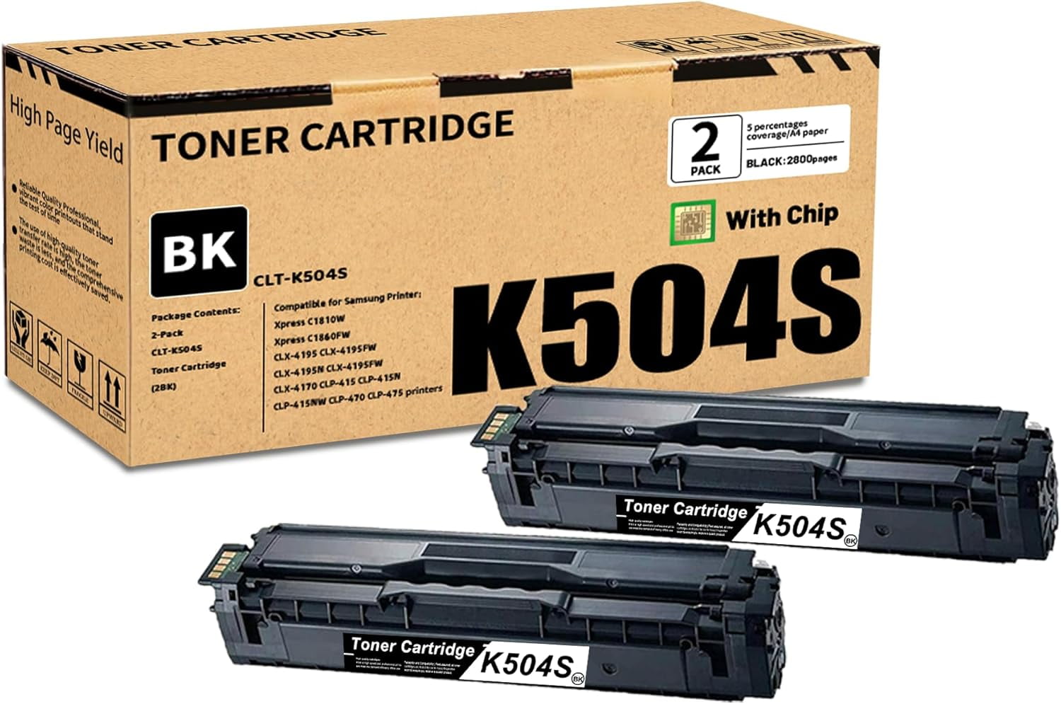 2 Pack CLT-K504S(SU162A) Black Toner Cartridge, Compatible for Samsung CLT-K504S(SU162A) CLT ...