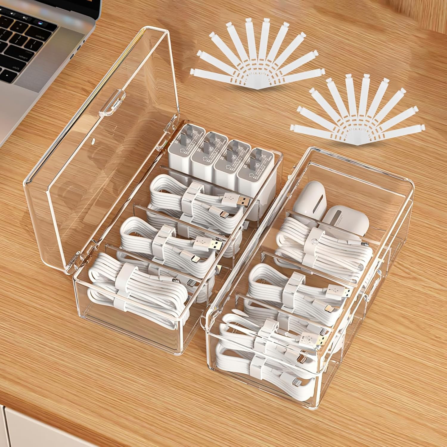 2 Pack Cable Organizer Box with Lid, Clear charging cord organizer box ...