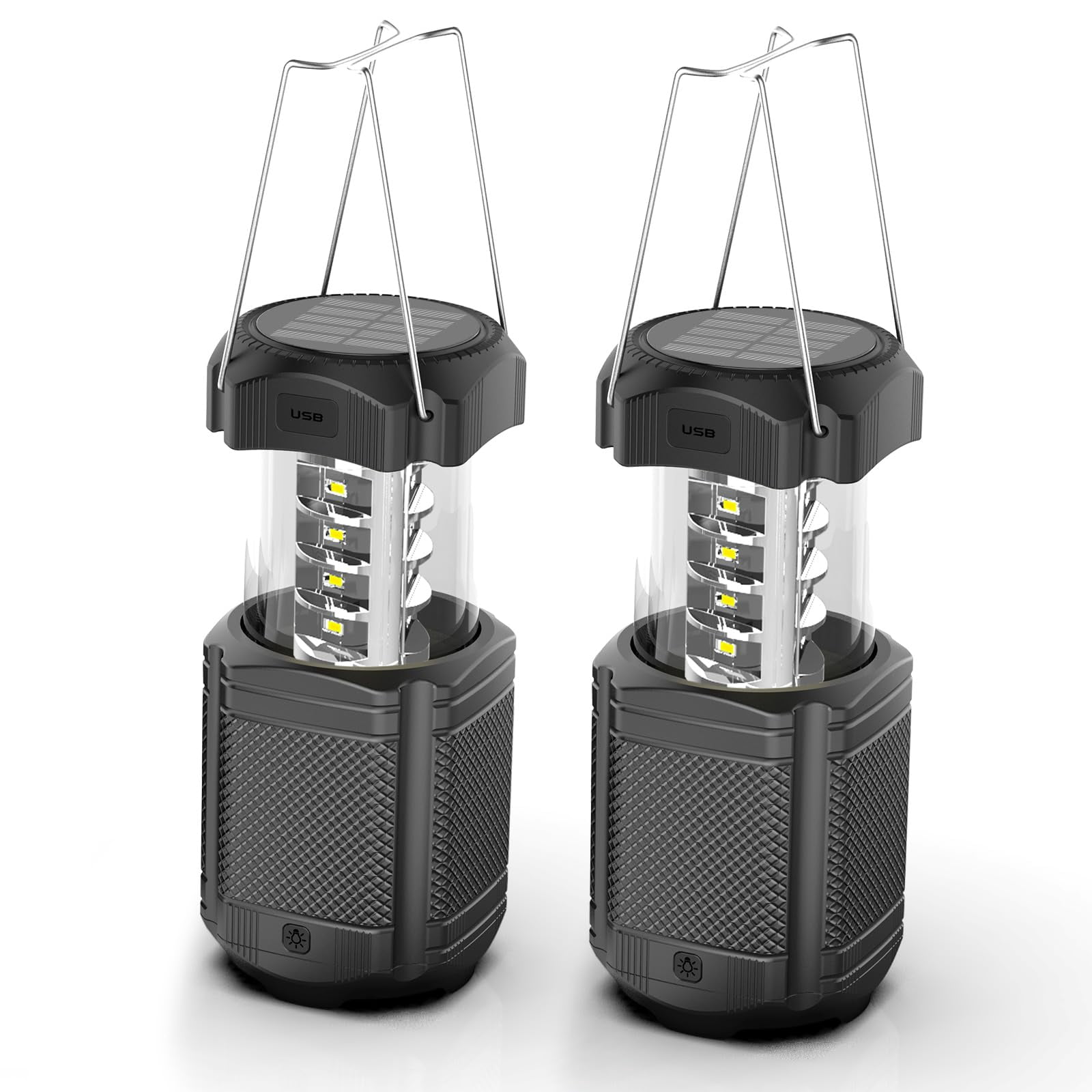 2 Pack Camping Lantern Black-2 5000mah Solar Hand Crank Telescopic LED ...