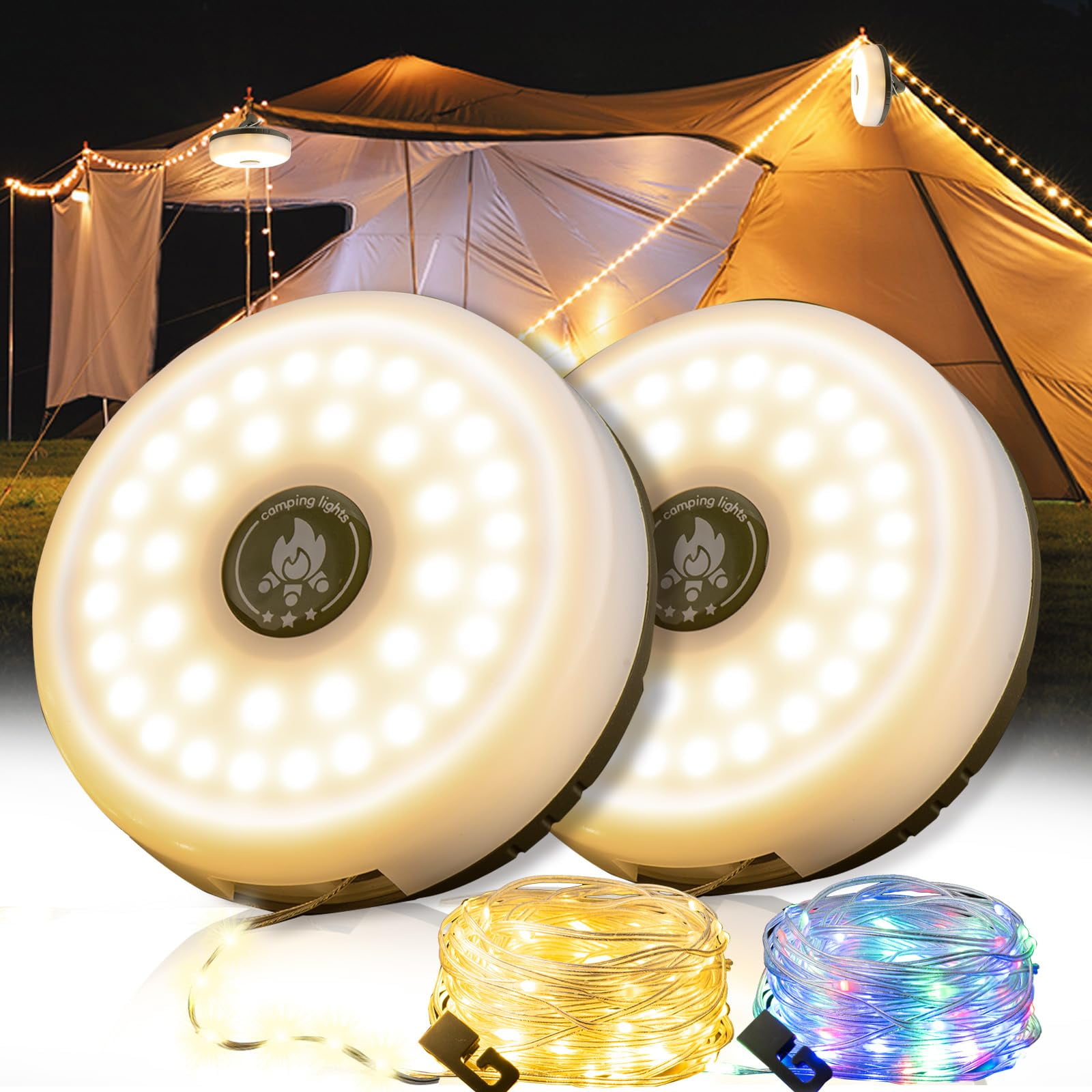 2-Pack Camping String Lights - 4 in 1 Outdoor Camping Lantern with 8 ...