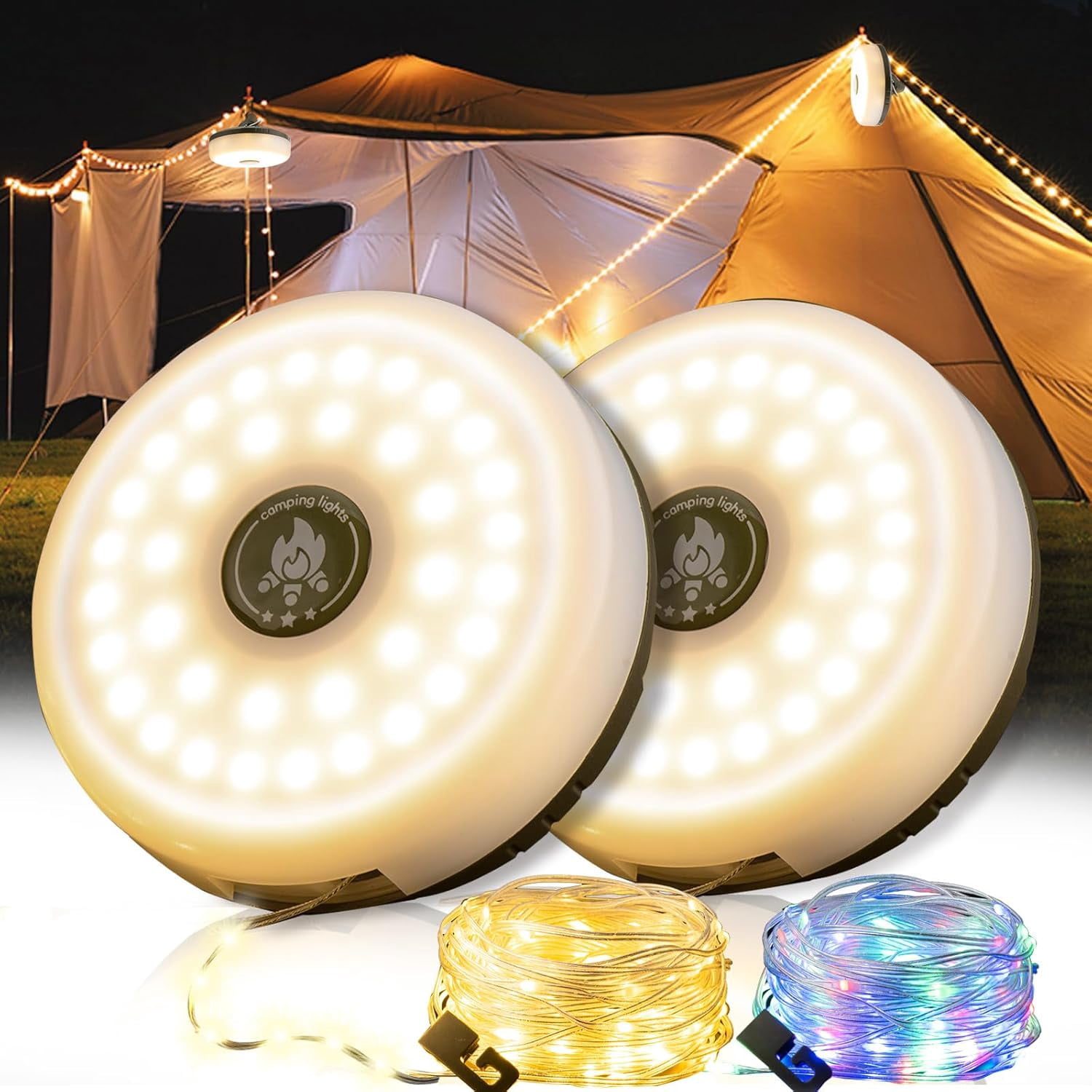 2-Pack Camping String Lights - 4 in 1 Outdoor Camping Lantern with 8 ...