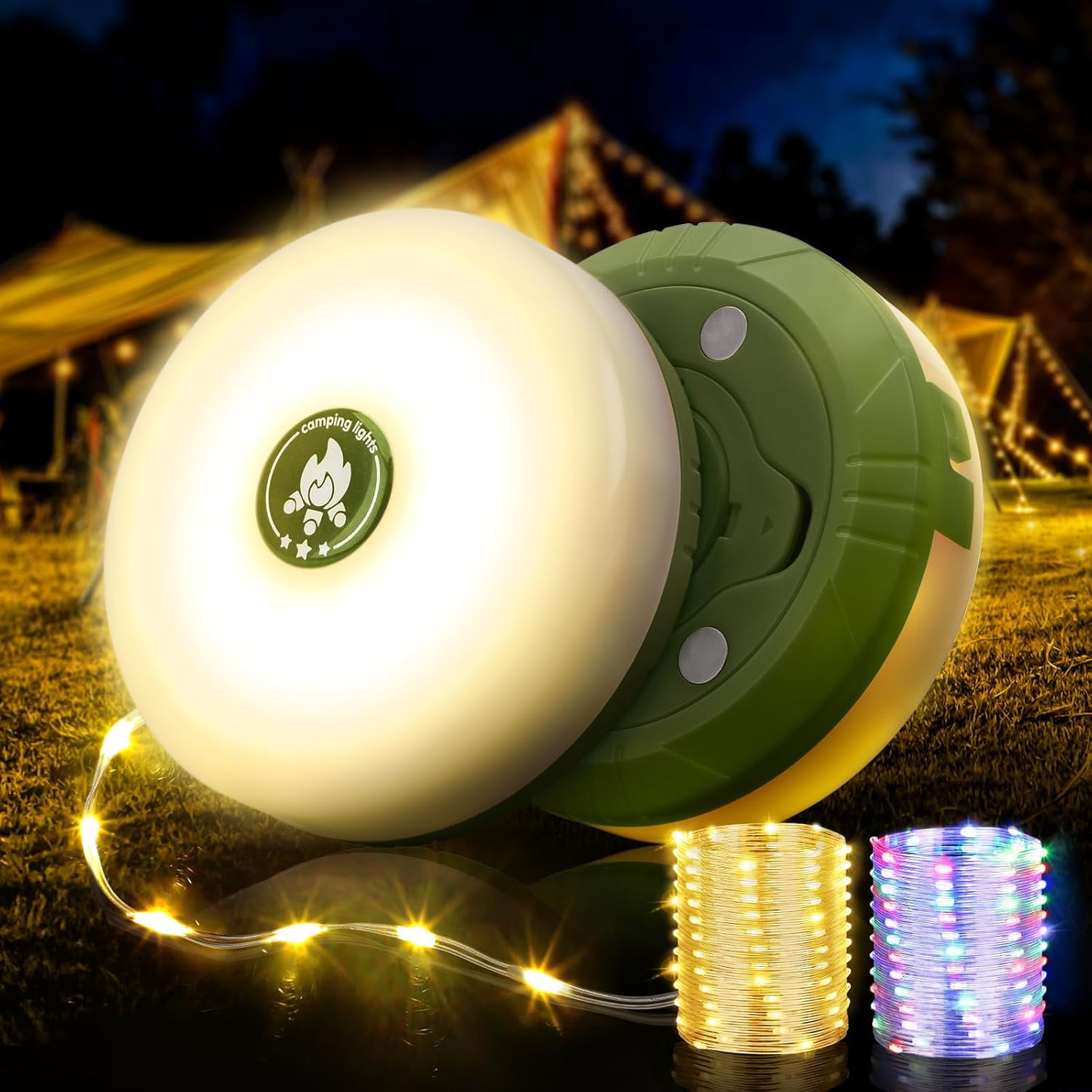 2-Pack Camping String Lights, 4 in 1 Quick Storage 32.8FT Rechargeable ...