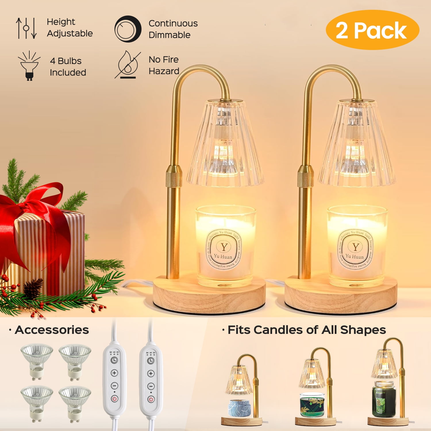 2 Pack Candle Warmer Lamp with Dimmer, Lamp Candle Heater with 4 Bulbs ...
