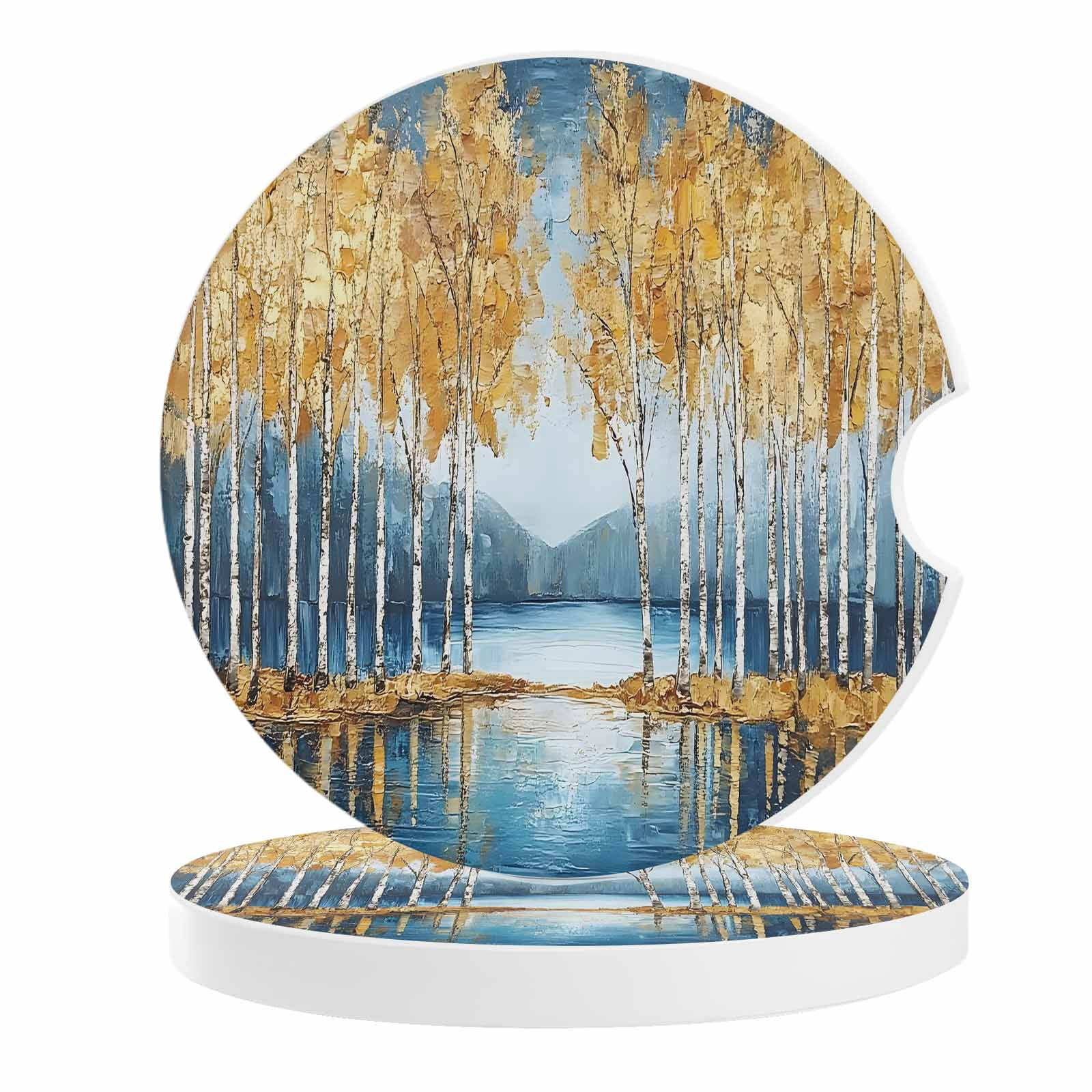 2 Pack Car Coasters Abstract Golden Trees Lake Ceramic Car Cup Holder ...