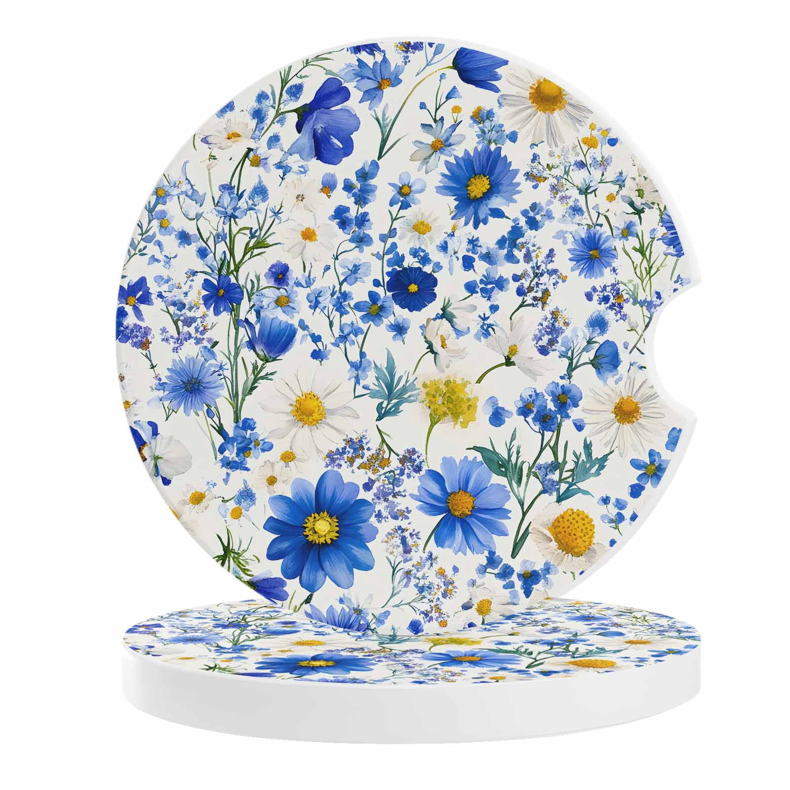 2 Pack Car Coasters Blue Wildflower Ceramic Car Cup Holder Coaster ...