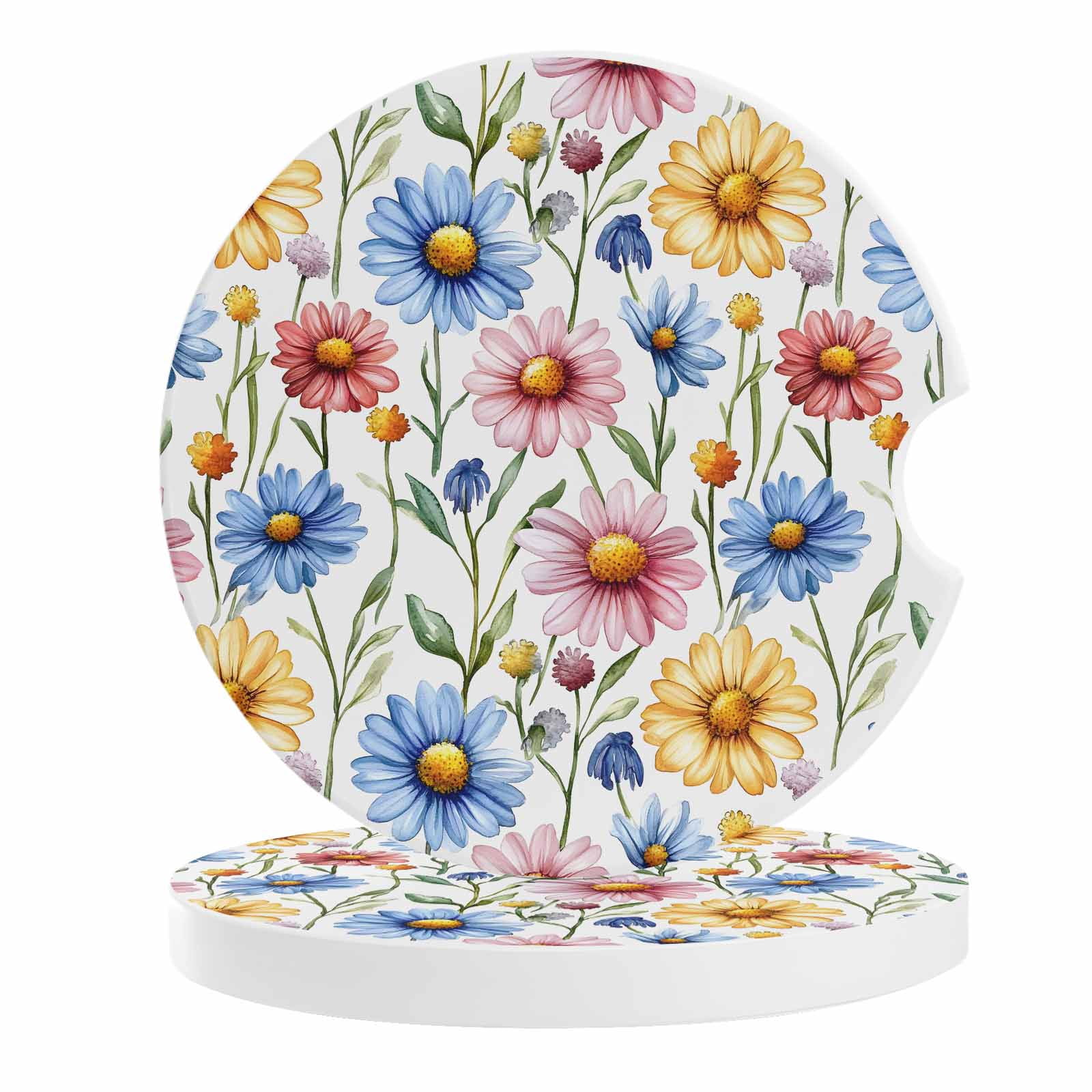 2 Pack Car Coasters Daisy Ceramic Car Cup Holder Coaster Watercolor ...