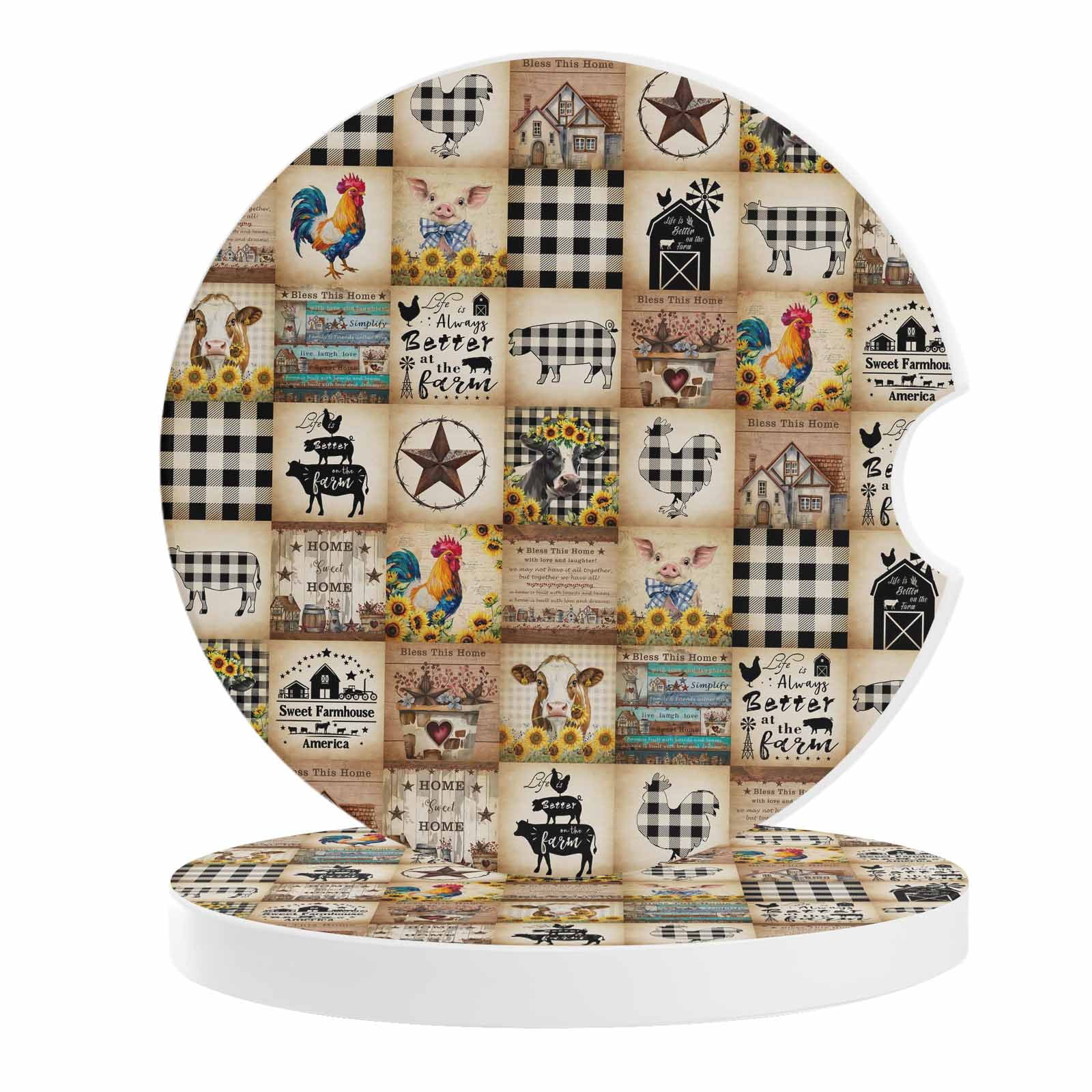 2 Pack Car Coasters Farm Animal Buffalo Check Ceramic Car Cup Holder ...