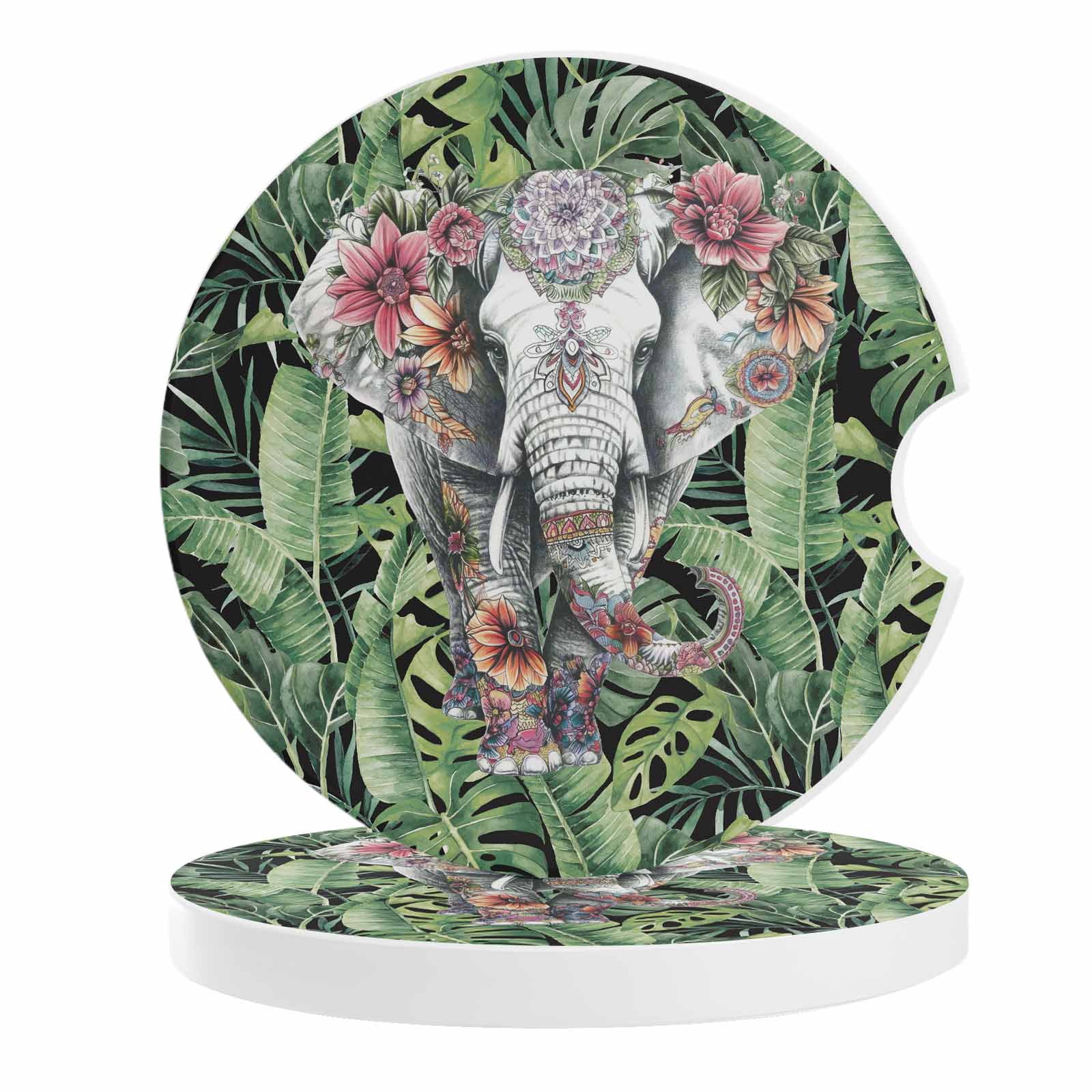 2 Pack Car Coasters Floral Elephant Palm Leaves Ceramic Car Cup Holder ...
