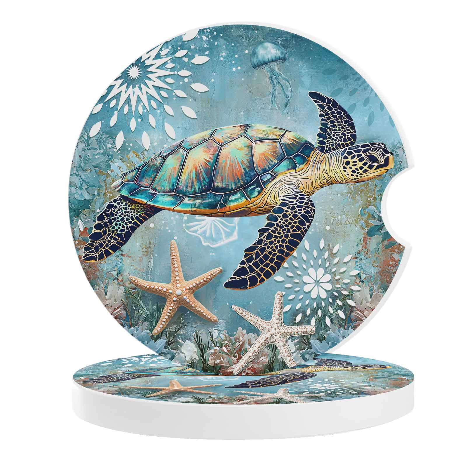2 Pack Car Coasters Ocean Turtle Starfish Ceramic Car Cup Holder ...