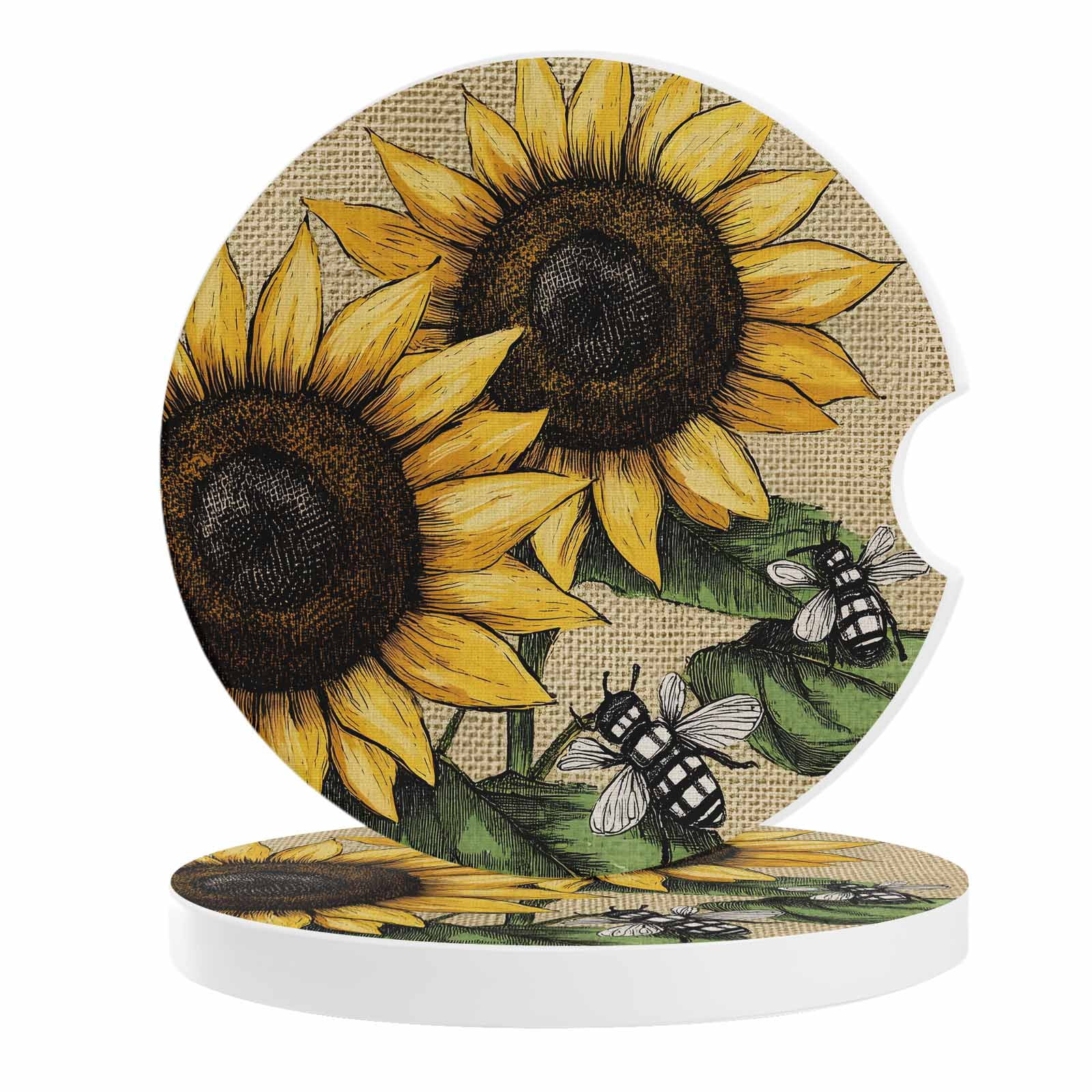 2 Pack Car Coasters Retro Bees Ceramic Car Cup Holder Coaster Sunflower ...