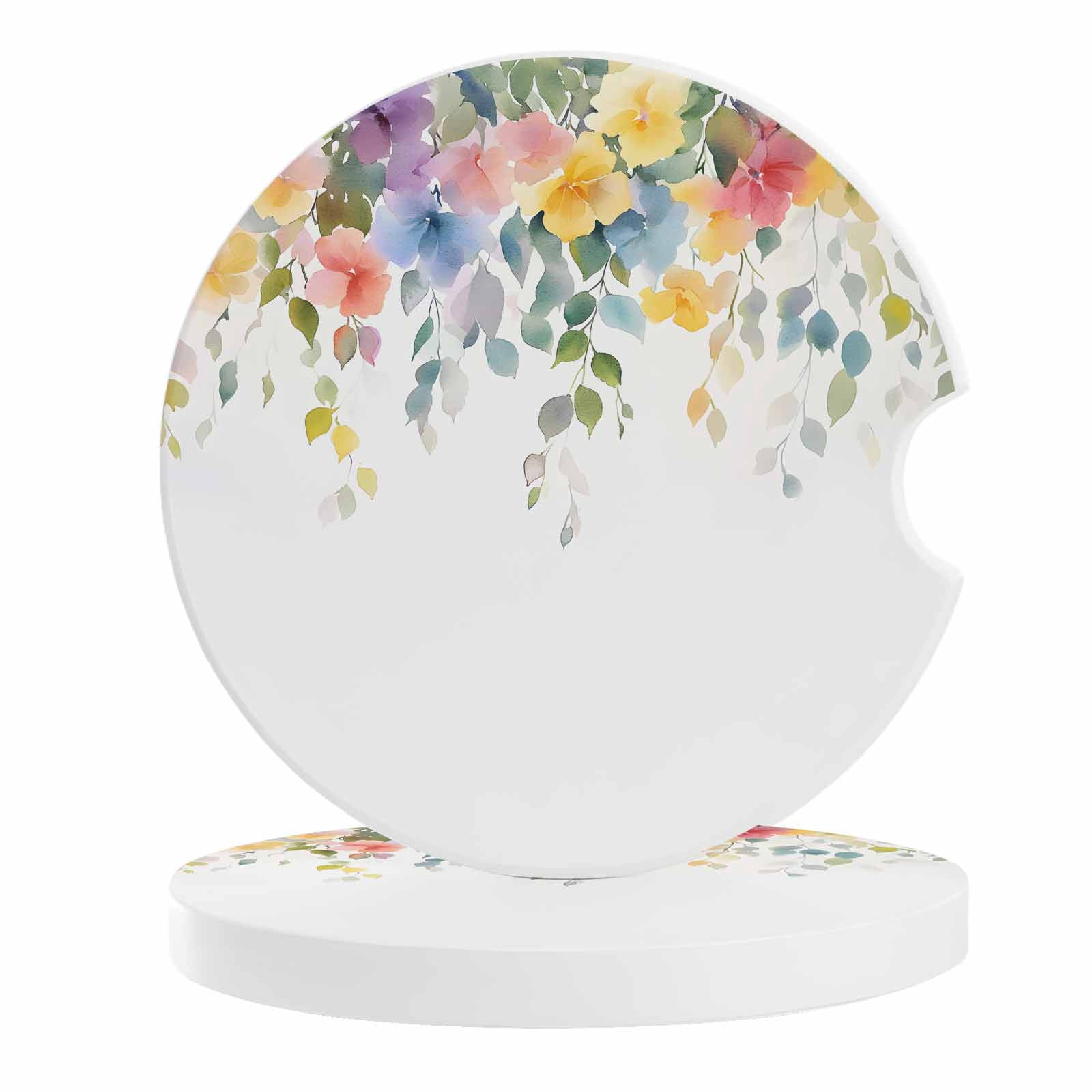 2 Pack Car Coasters Watercolor Yellow Pink Flowers Ceramic Car Cup ...