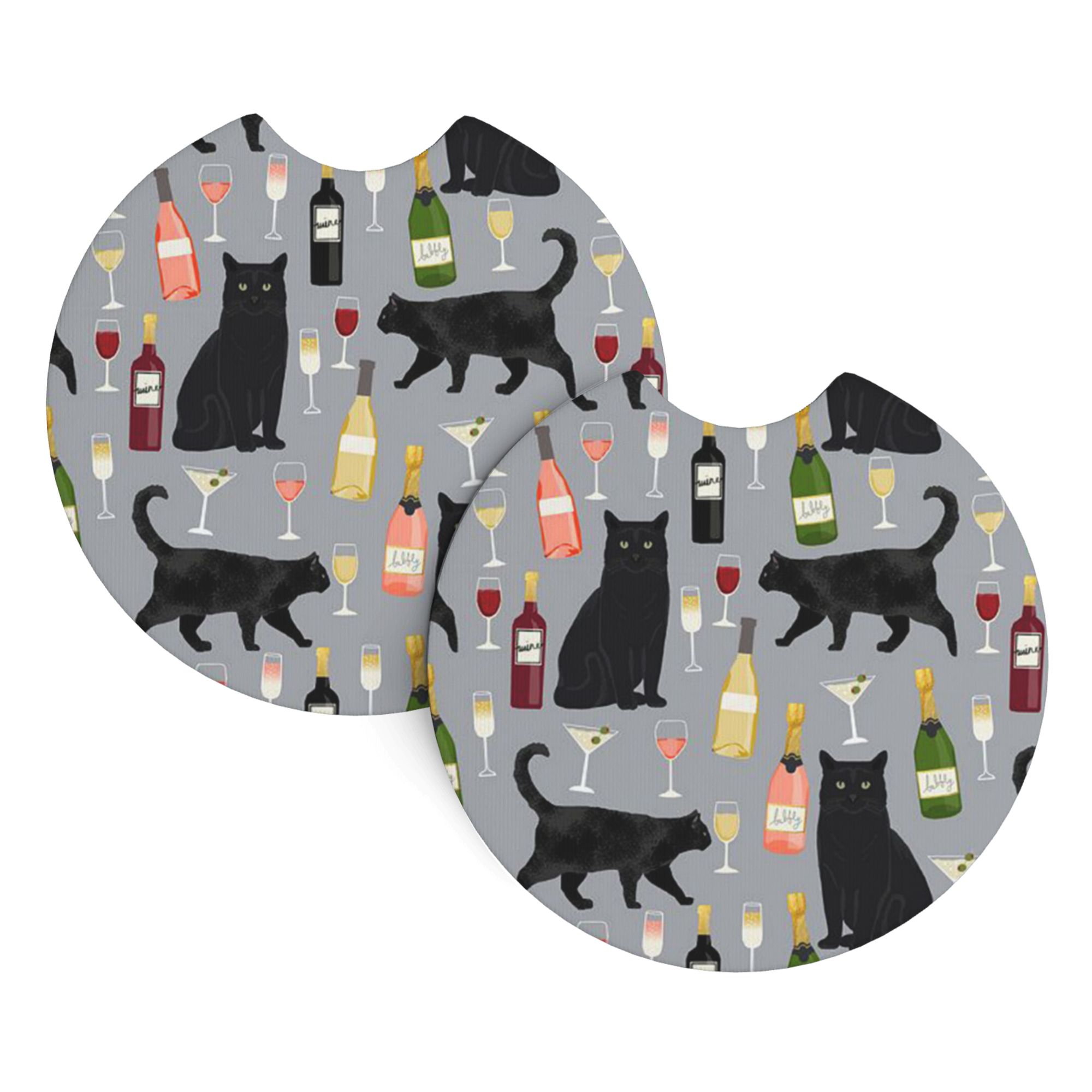 2 Pack Car Cup Holder Coasters,Black Cat Wine Pattern Rubber Pad Set ...