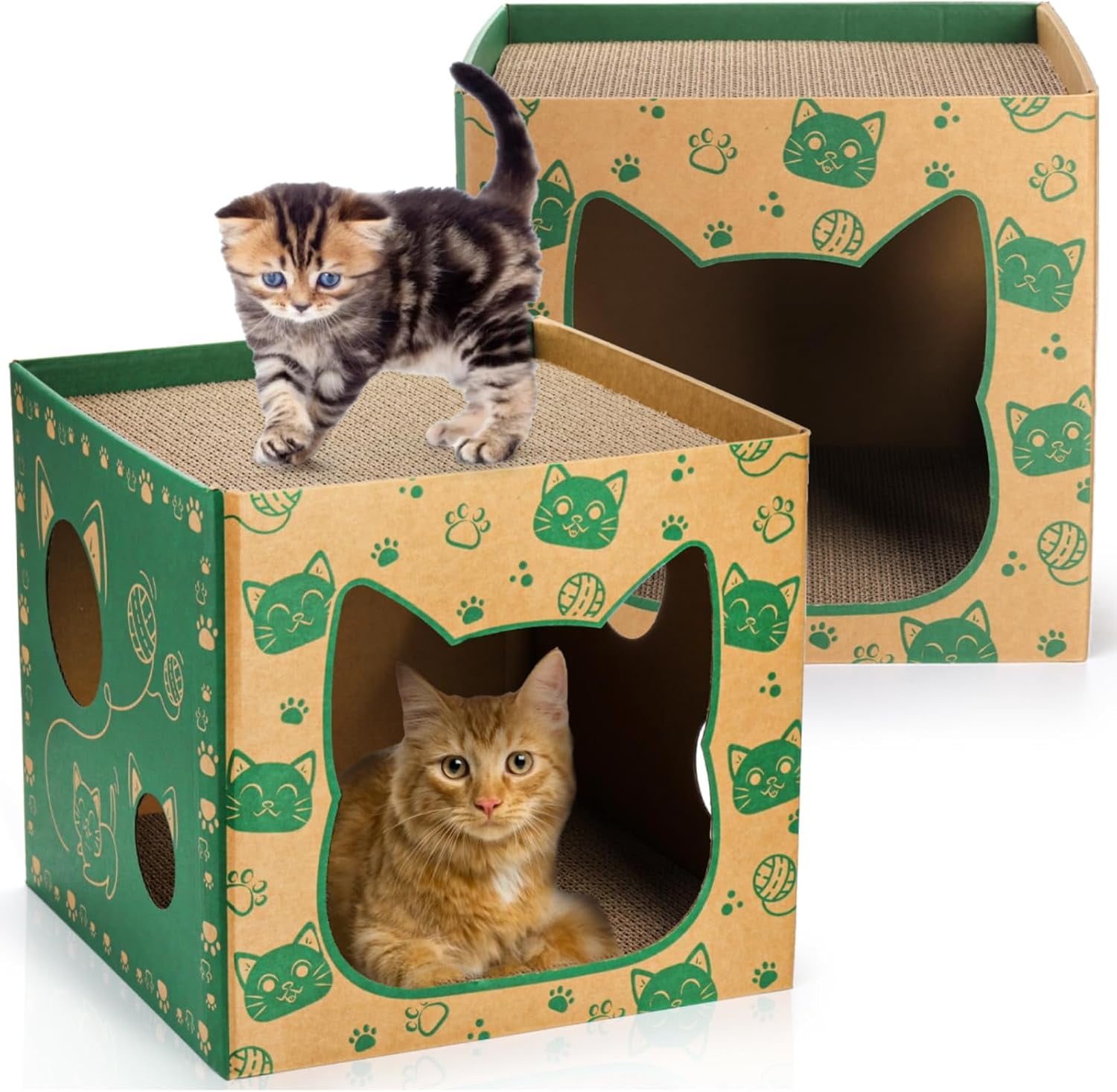 2 Pack Cardboard Cat Houses, Cat Play House with 2 PCS Scratching Pad ...