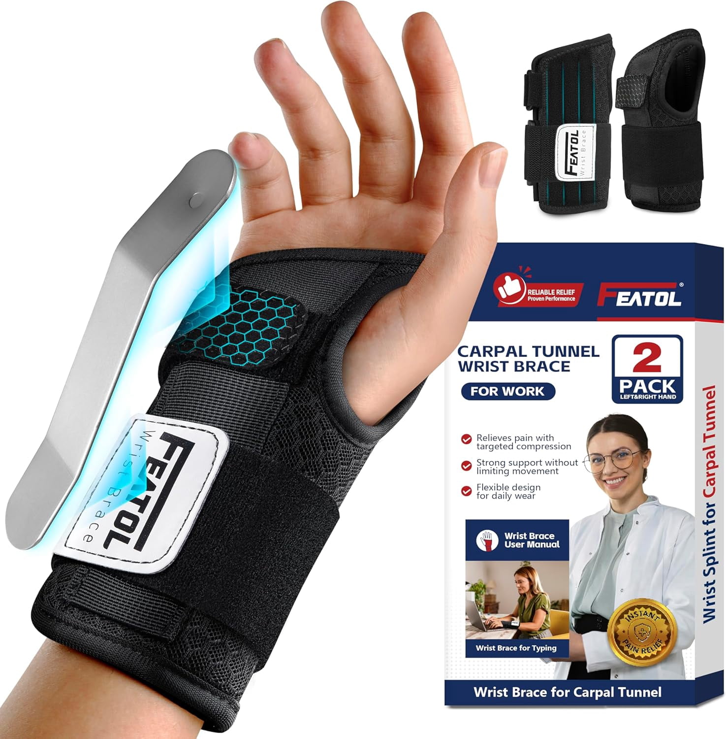 2 Pack Carpal Tunnel Wrist Brace For Work With Splint, 6.5'' Night ...