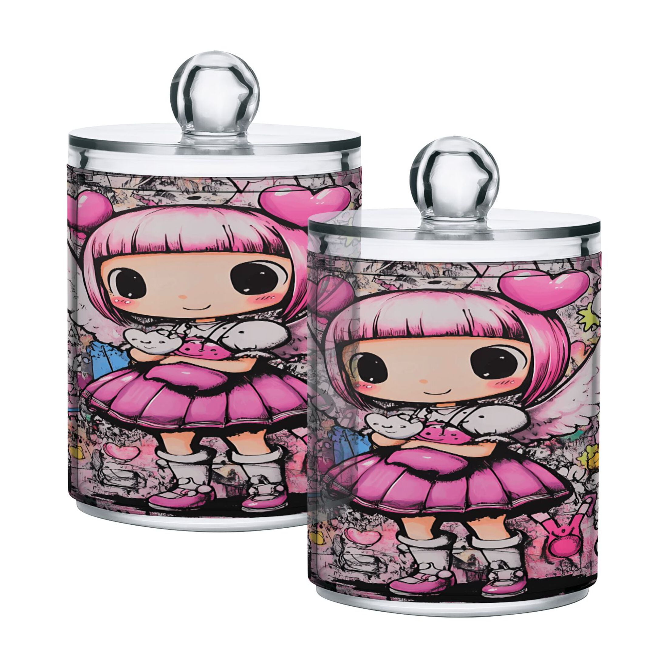 2 Pack Cartoon Girl and Graffiti Qtip Holder Dispenser Clear Plastic ...