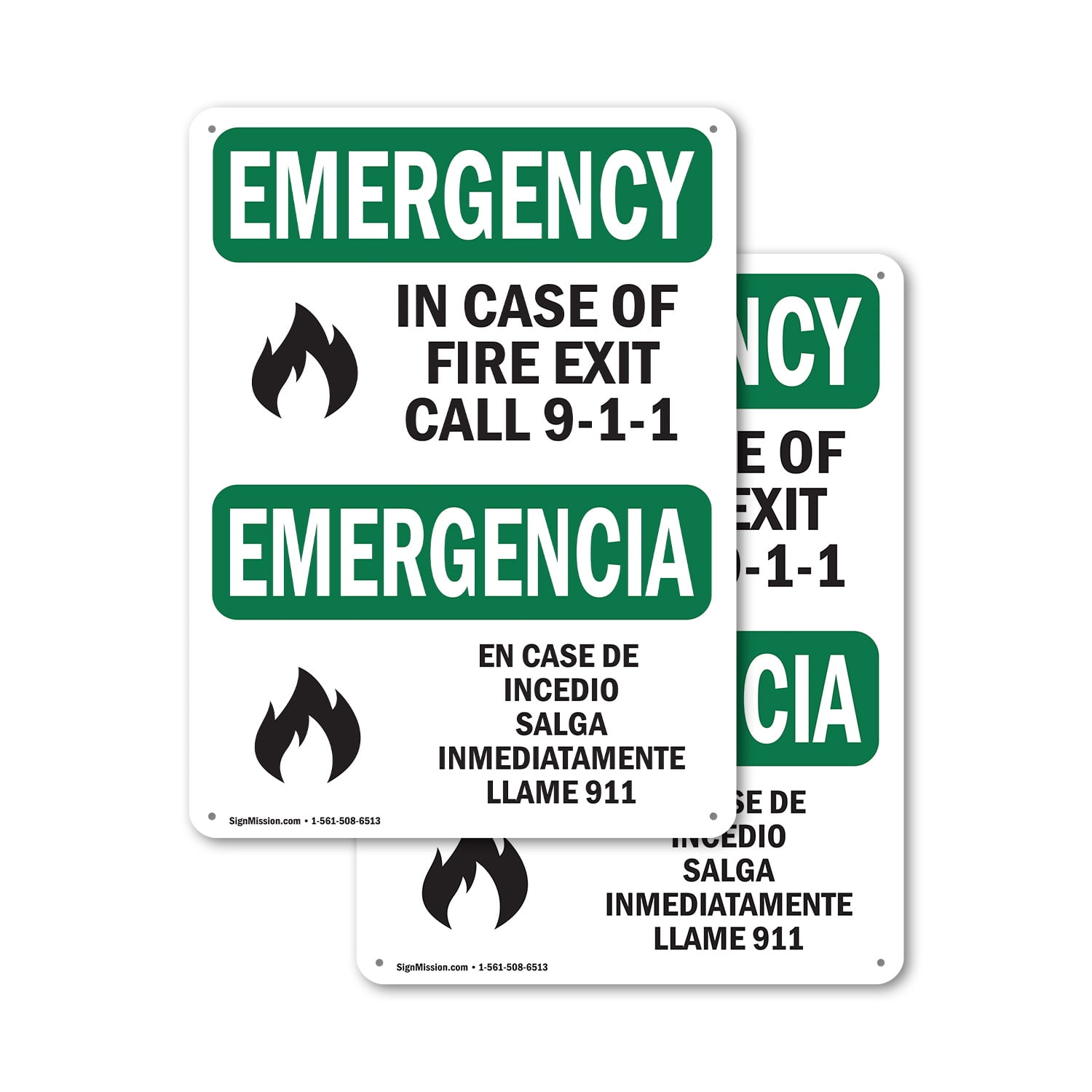 (2 Pack) In Case Of Fire Exit Call 9-1-1 Bilingual OSHA Emergency Sign ...