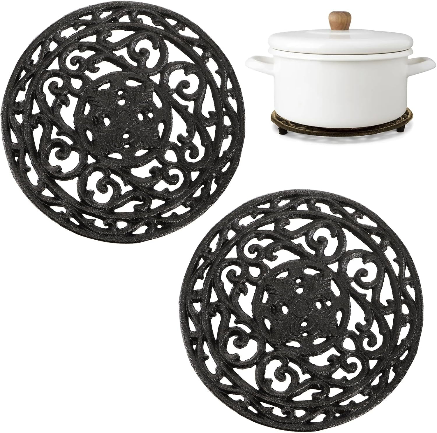 2 Pack Cast Iron Trivet, 8 Inch Round Metal Trivets with Rubber Feet ...