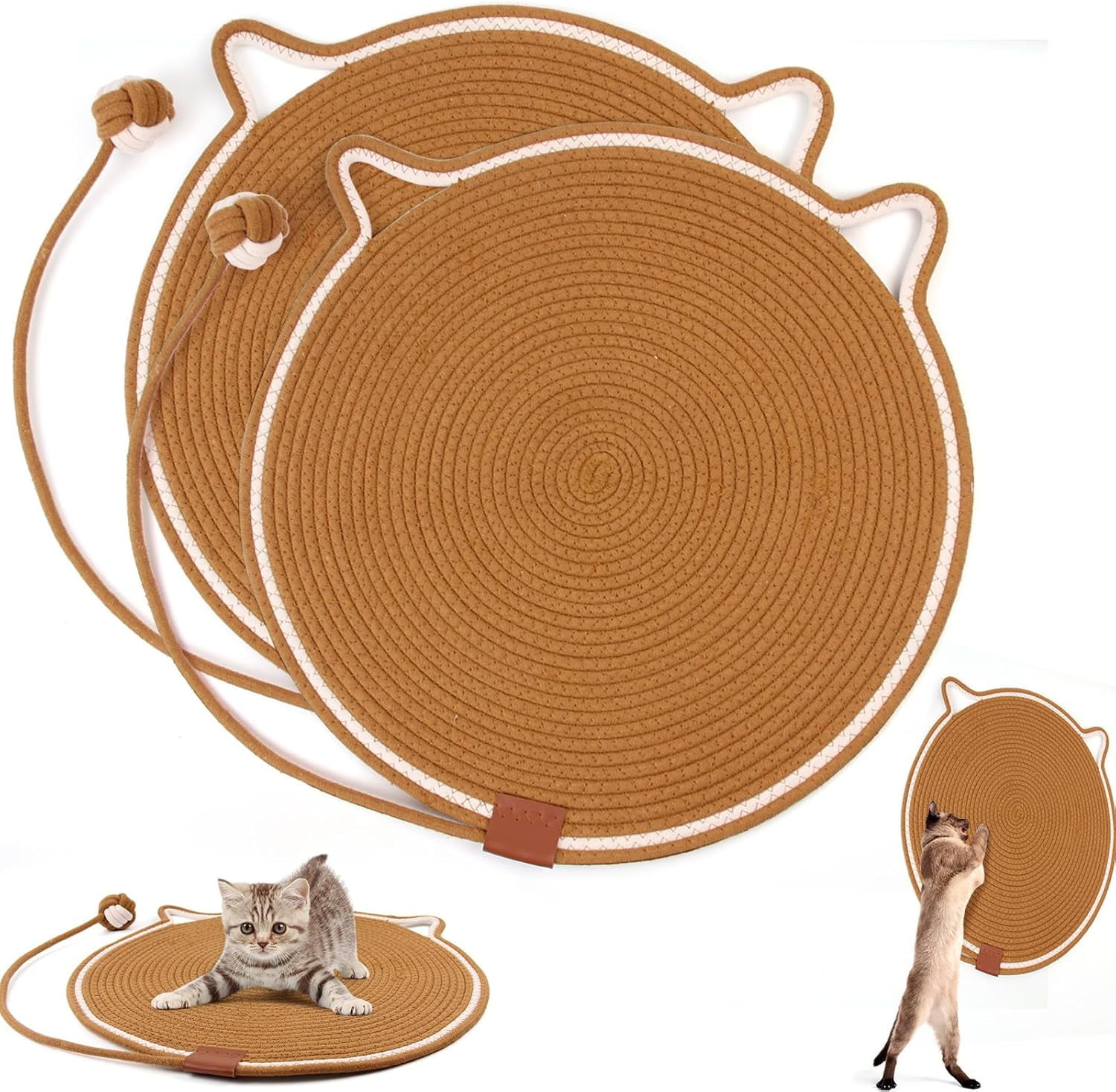 2-Pack Cat Scratching Mats, Natural Cotton Rope Scratch Pad with Ear ...