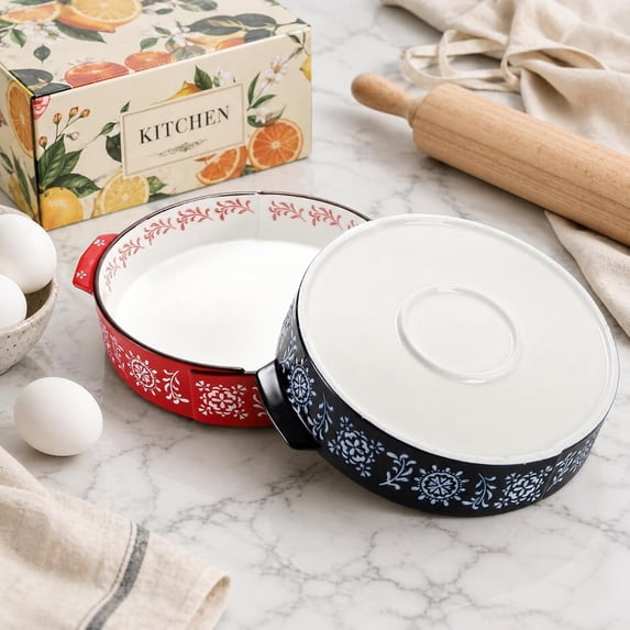 2 Pack Ceramic Baking Dish 9 Inch Non-Stick Pie Pan with Double Handle ...