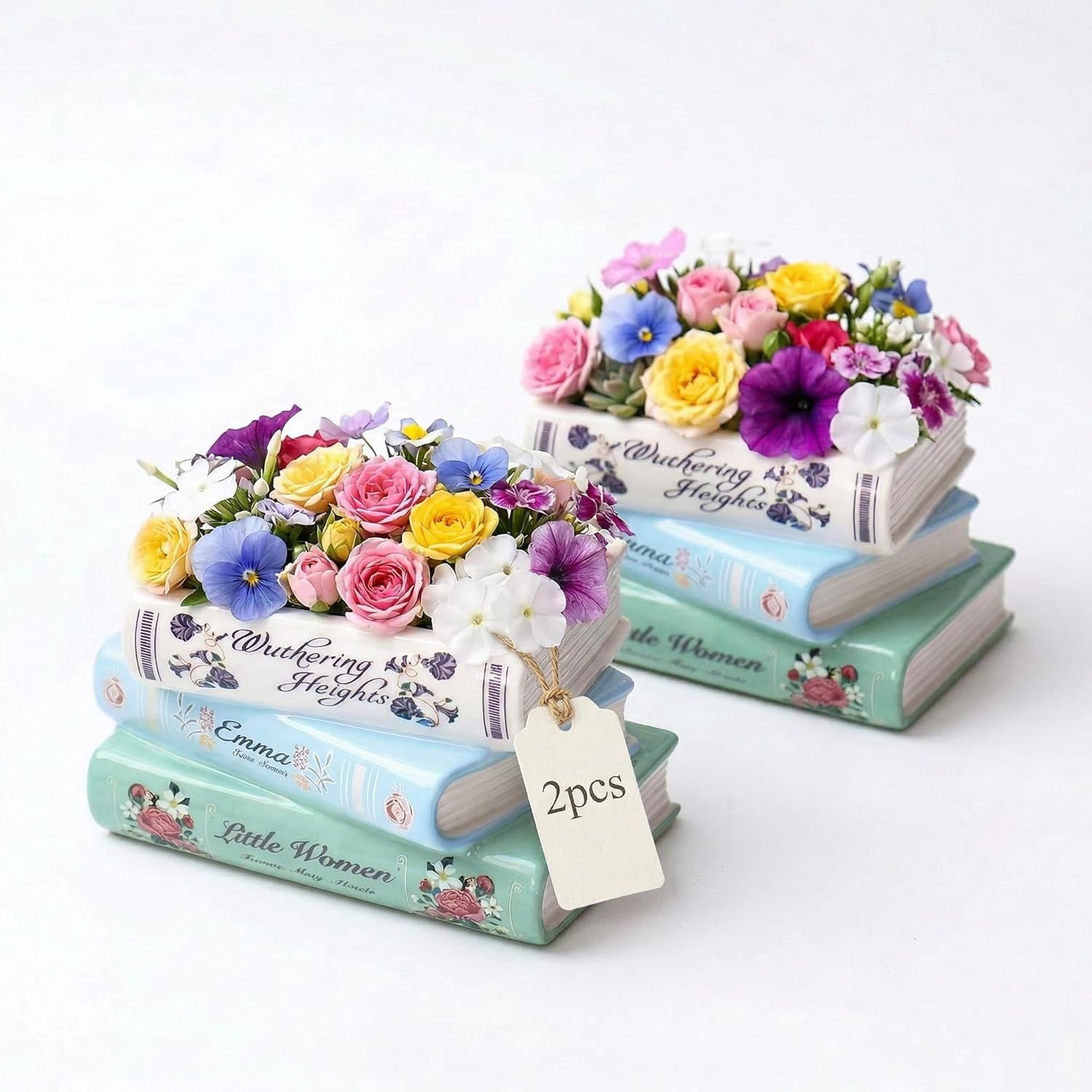 2 Pack Ceramic Book Shaped Planter Pot, Literary Flower Vase with ...