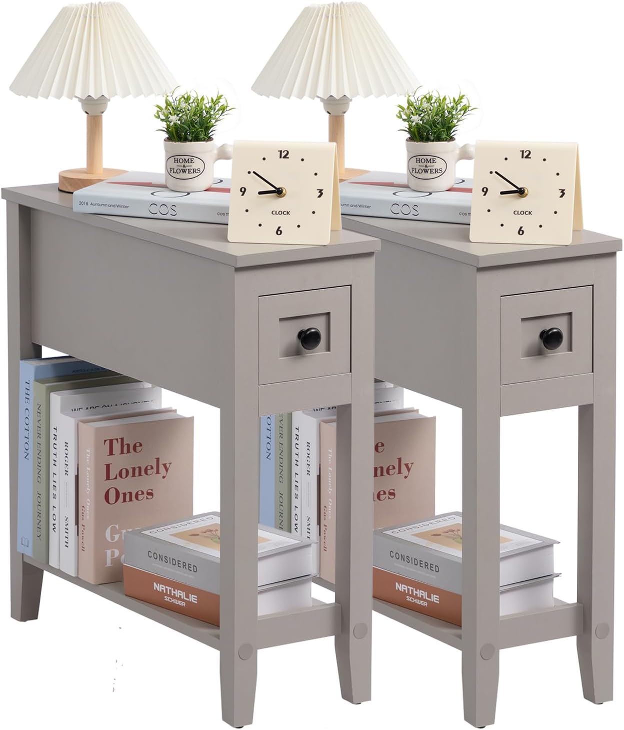 2 Pack Chairside Narrow End Table with Drawer, Solid Recliner Side ...