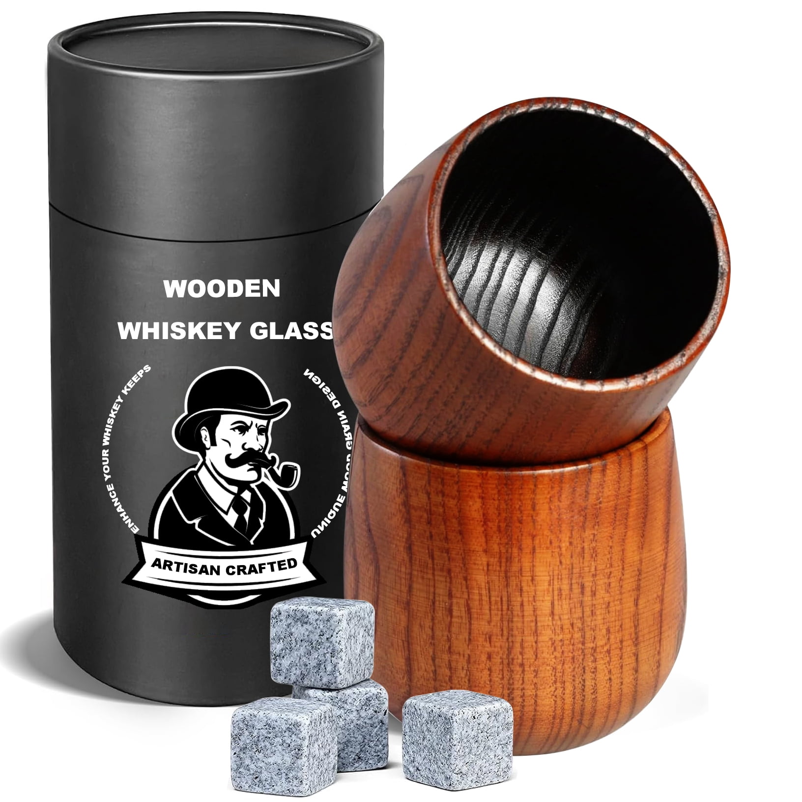 2 Pack Charred Wooden Whiskey Glasses – Bourbon Tumblers for Men with ...