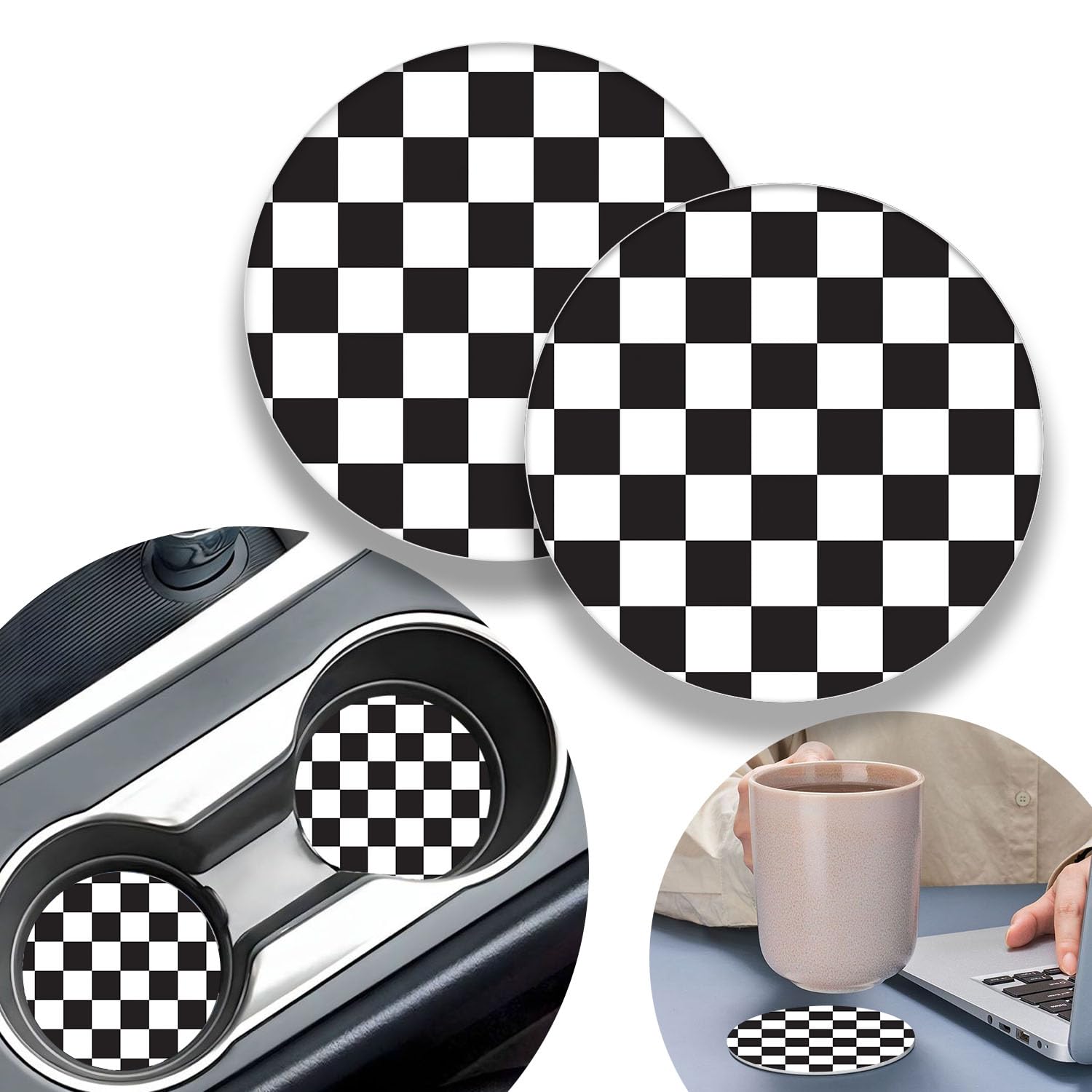 2 Pack Checkered Car Coasters,2.75 Inch Car Cup Holder,Universal Rubber ...