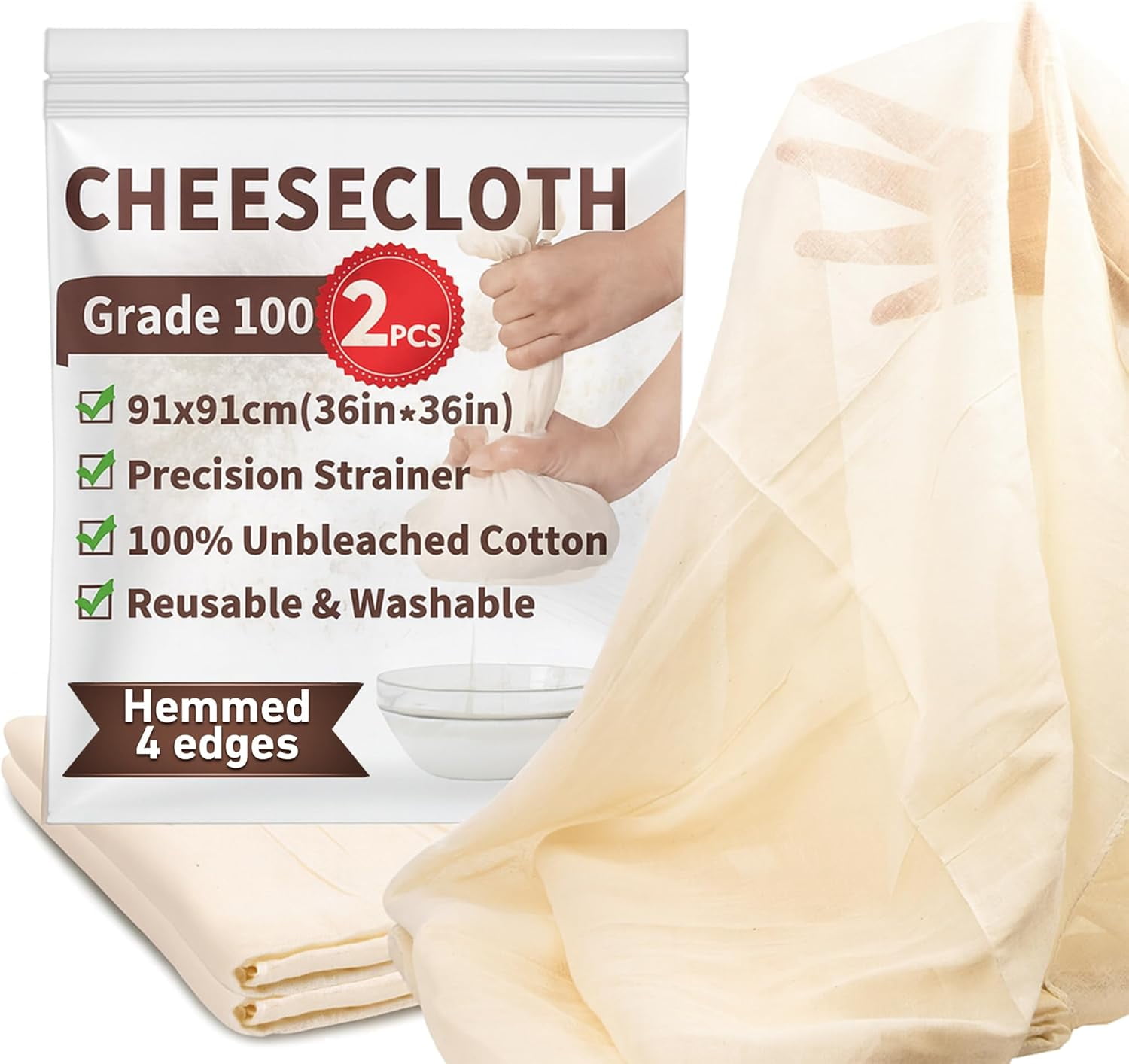 2-Pack Cheesecloth, 36x36 Inch Precut & Hemmed All Edges, Grade 100 ...
