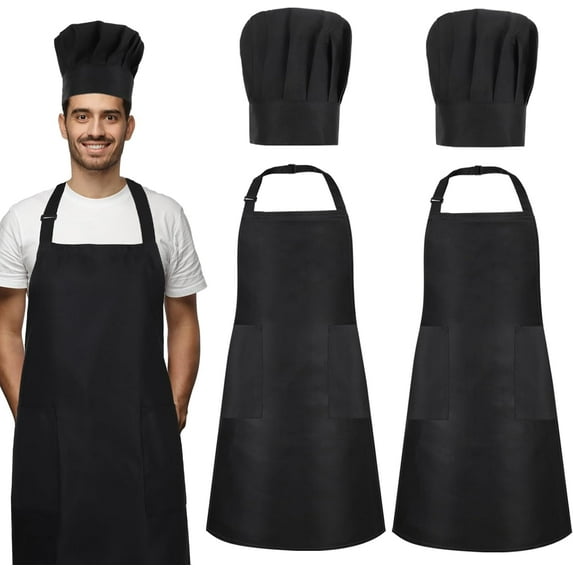 2 Pack Chef Apron and Hat, Adjustable High Cooking Apron Waterproof ...