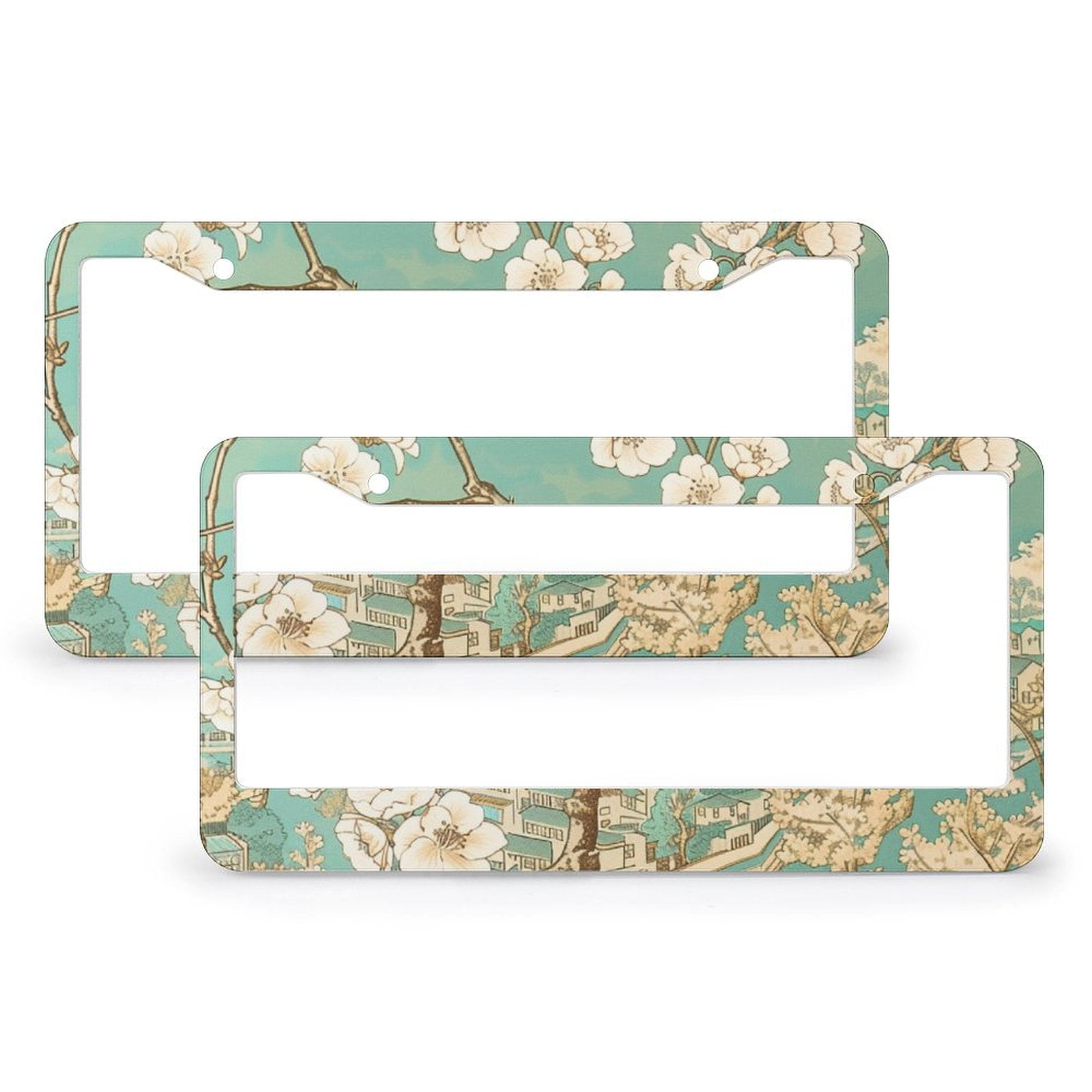 2 Pack Cherry Blossoms in Turquoise And Beige License Plate Frame ...