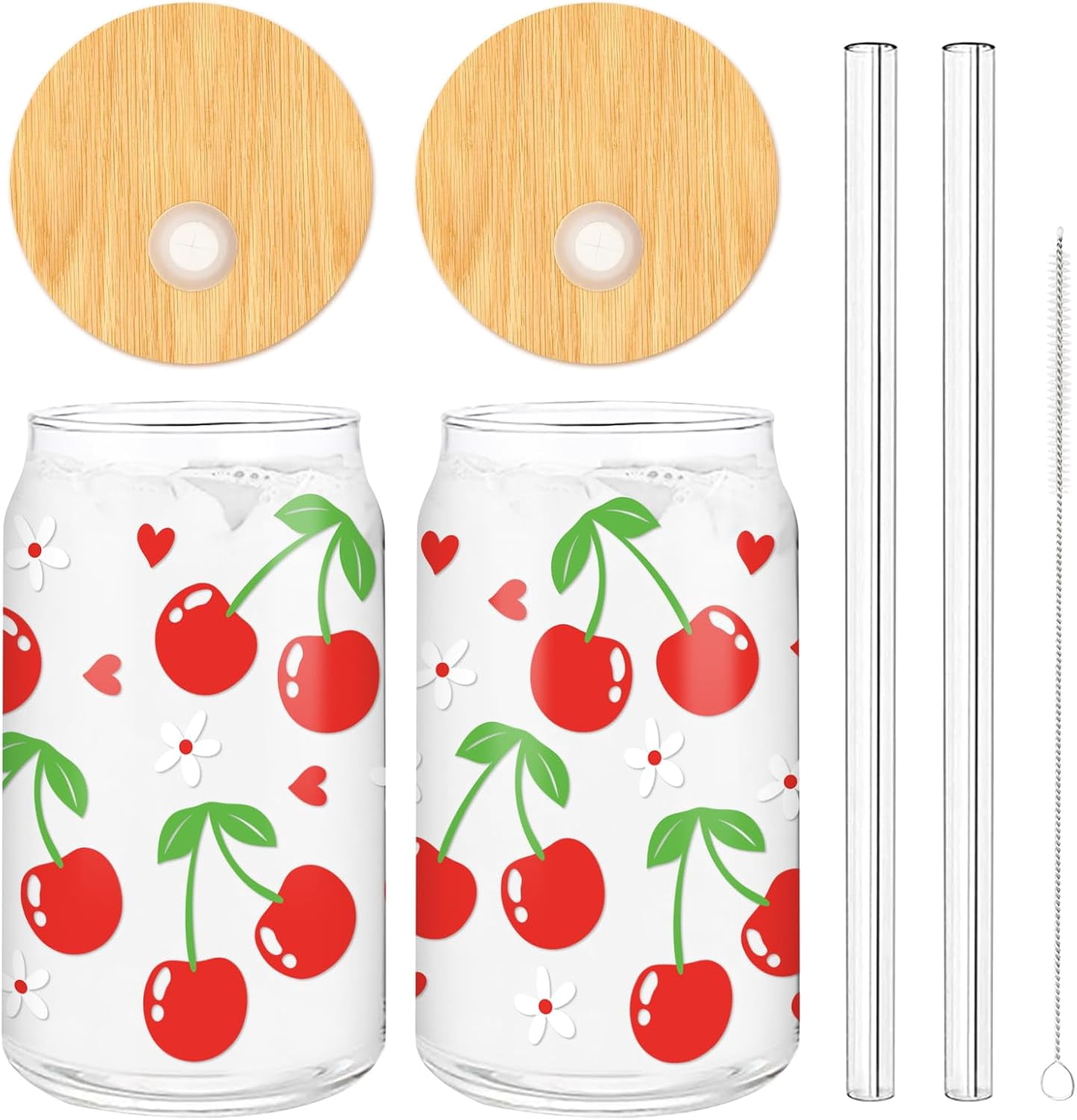 2 Pack Cherry Iced Coffee Cup Red Cherry Flower Heart Drinking Glasses ...