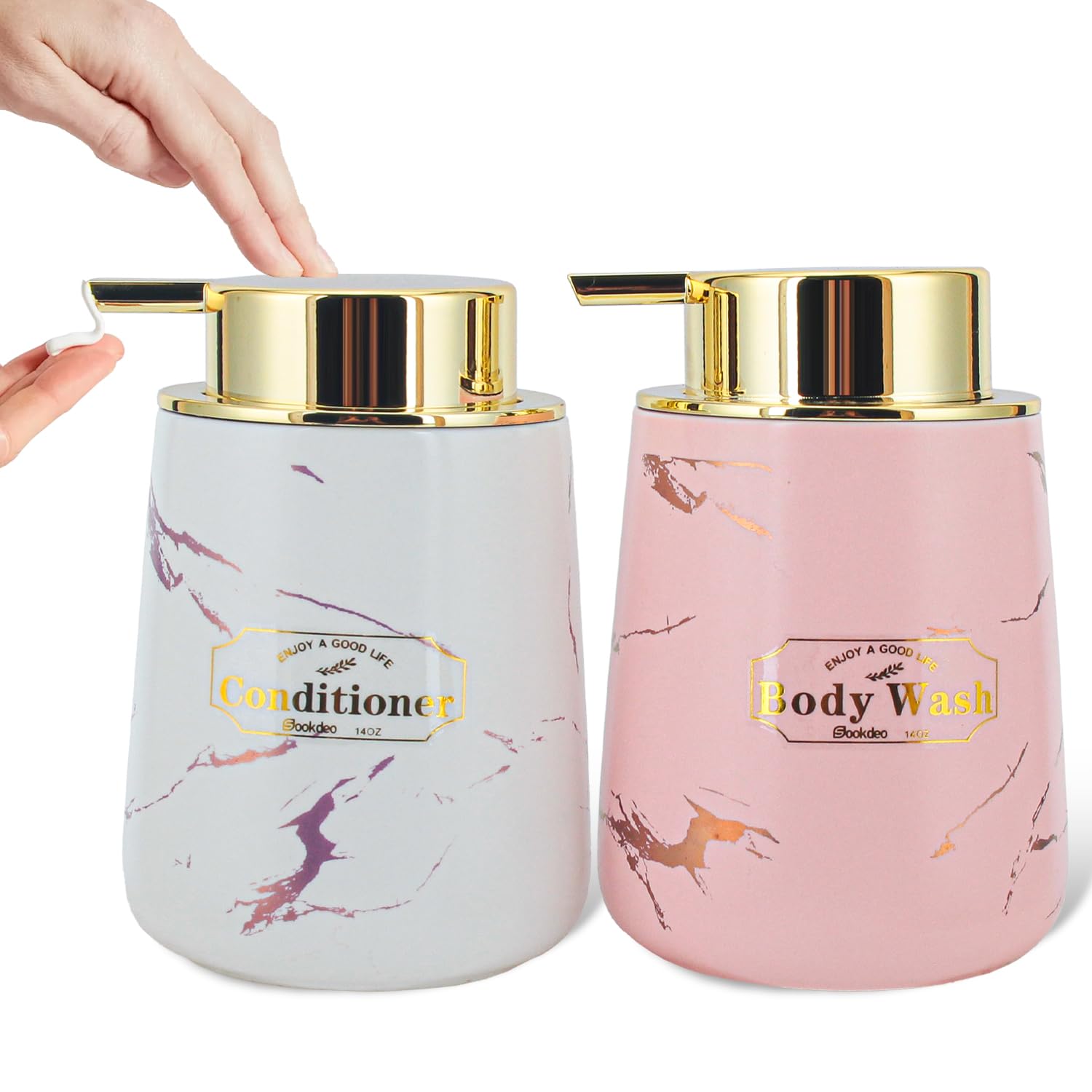 2 Pack Chic Veined Ceramic Lotion Dispenser with Labels, Refillable ...
