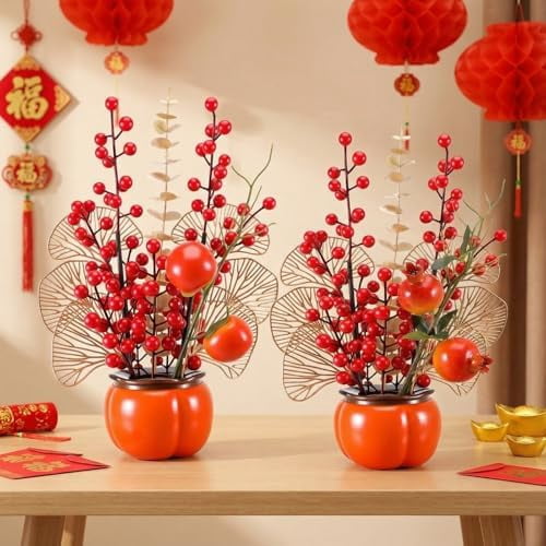 2 Pack Chinese New Year Gifts 2026 Artificial Red Berry Flower Twig ...