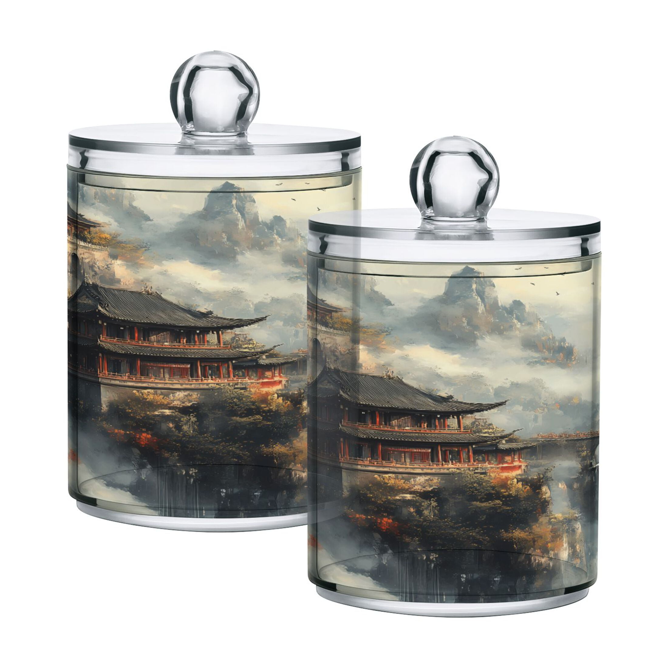 2 Pack Chinese Temples on Mountain Qtip Holder Dispenser Clear Plastic ...