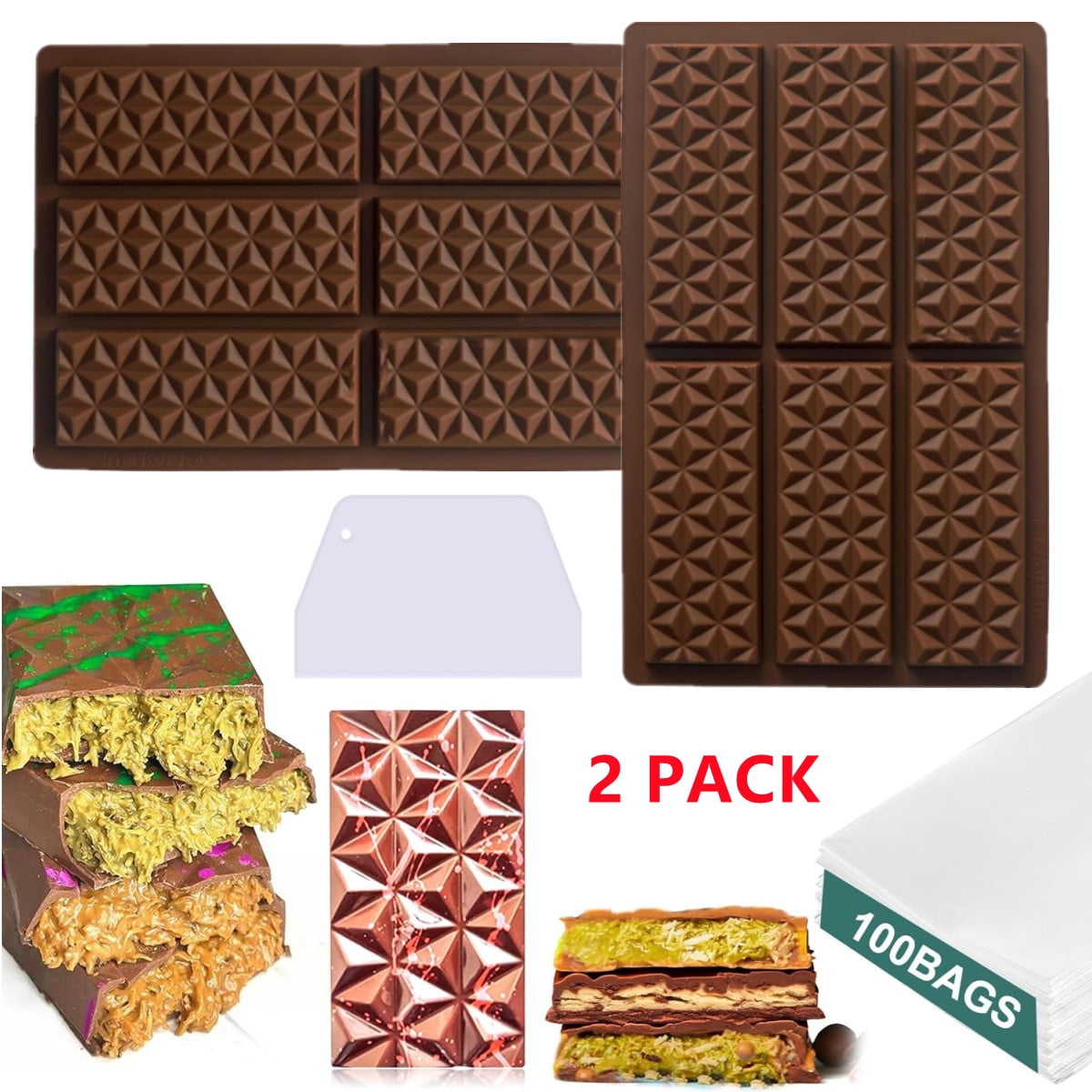 2 Pack Chocolate Bar Mold with 100 Bags- Food Grade Silicone Mold - Non ...