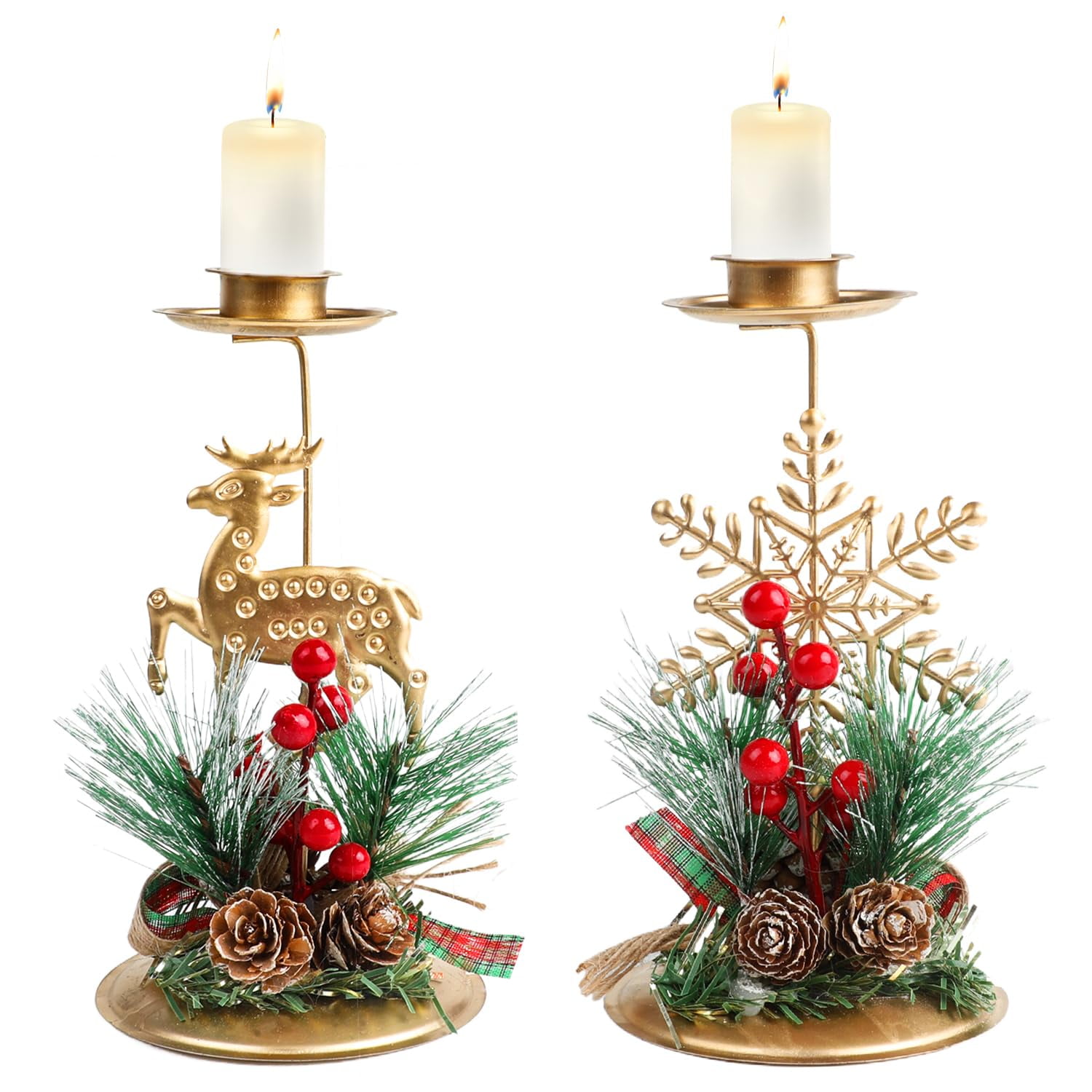 2 Pack Christmas Candle Holders, Metal Pillar Candle Holders Xmas ...